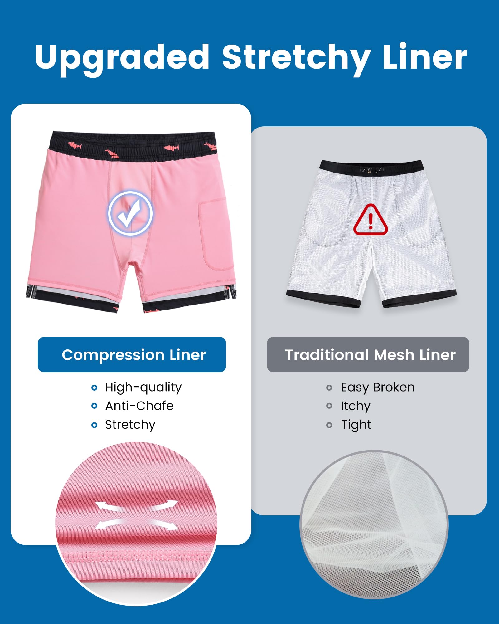 maamgic Mens Swim Trunks with Compression Liner 5" Stretch Beach Shorts Quick Dry with Zipper Pockets No-Chafing Board Shorts Black-Pink Shark L