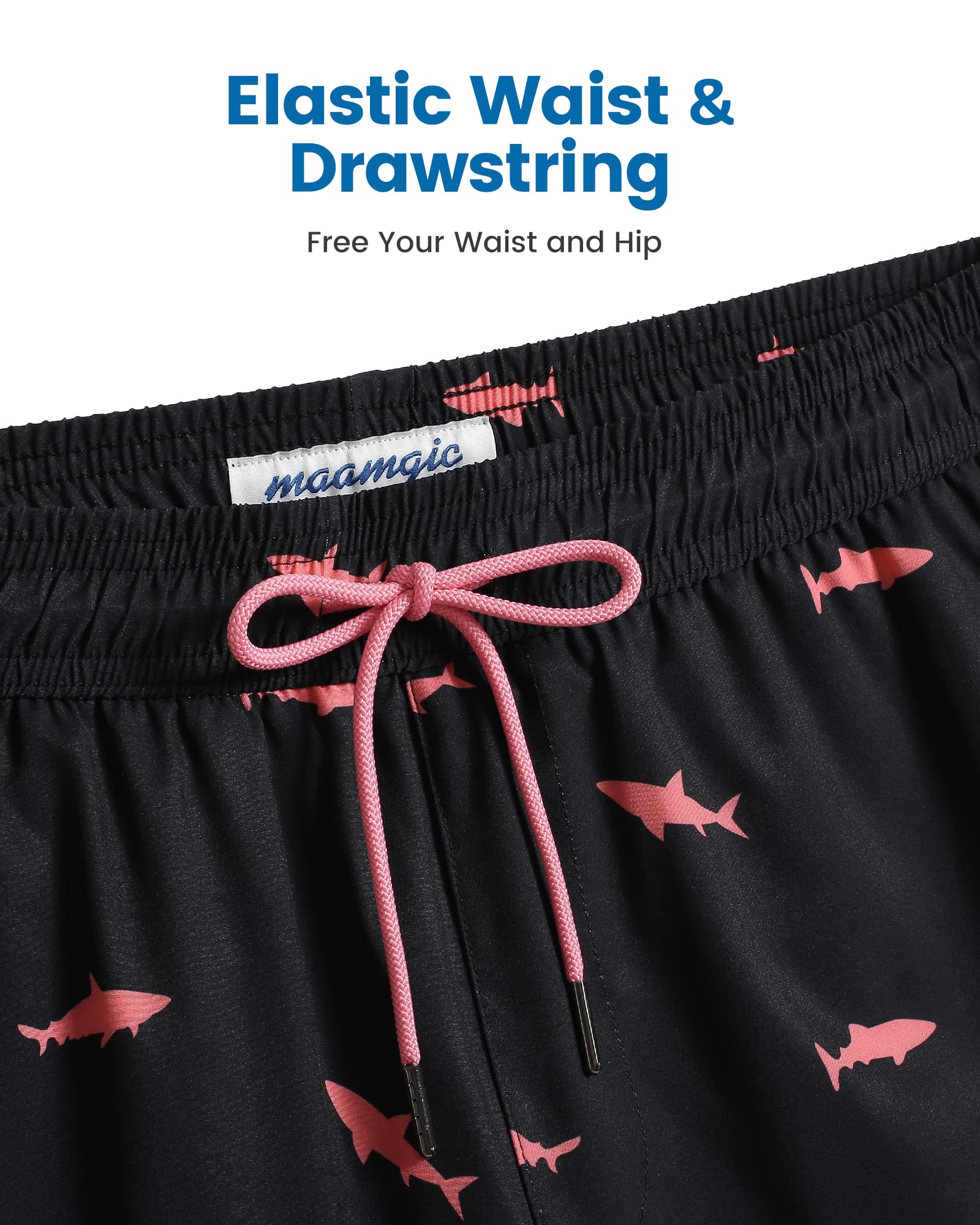 maamgic Mens Swim Trunks with Compression Liner 5" Stretch Beach Shorts Quick Dry with Zipper Pockets No-Chafing Board Shorts Black-Pink Shark L