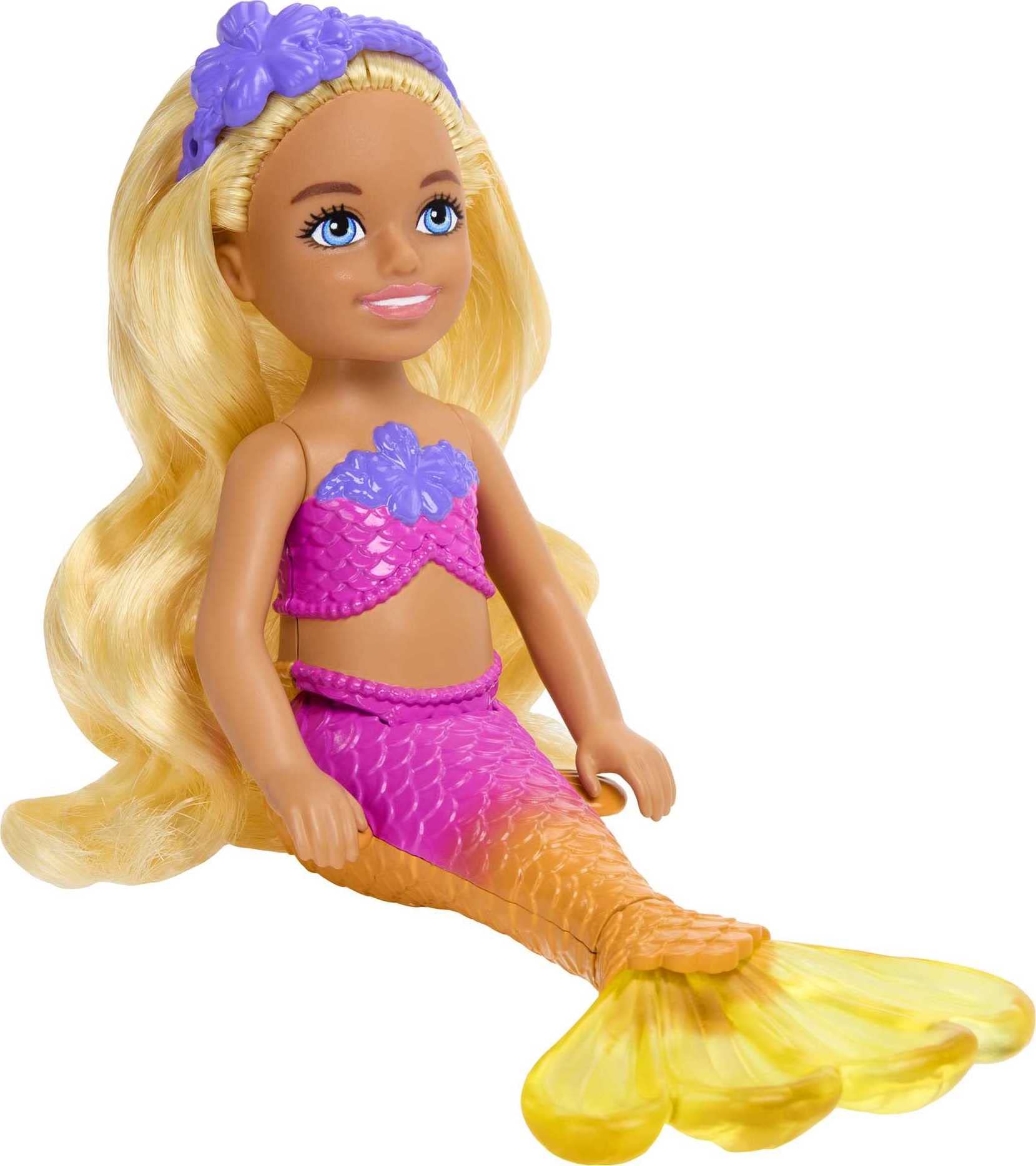 Barbie Dreamtopia Chelsea Mermaid Small Doll with Removable Hair Accessory, Wavy Blonde Hair & Ombre Tail, Bends at Waist