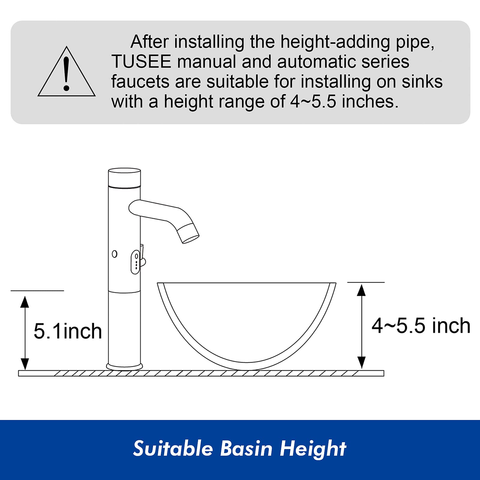 TUSEE Height Adding Pipe for Faucet, Elevating Pipe for TUSEE Manual and Automatic Faucet, Height-Adding Tube of Vanity Vessel Sink Faucet, Chrome, TS-95002C-H125