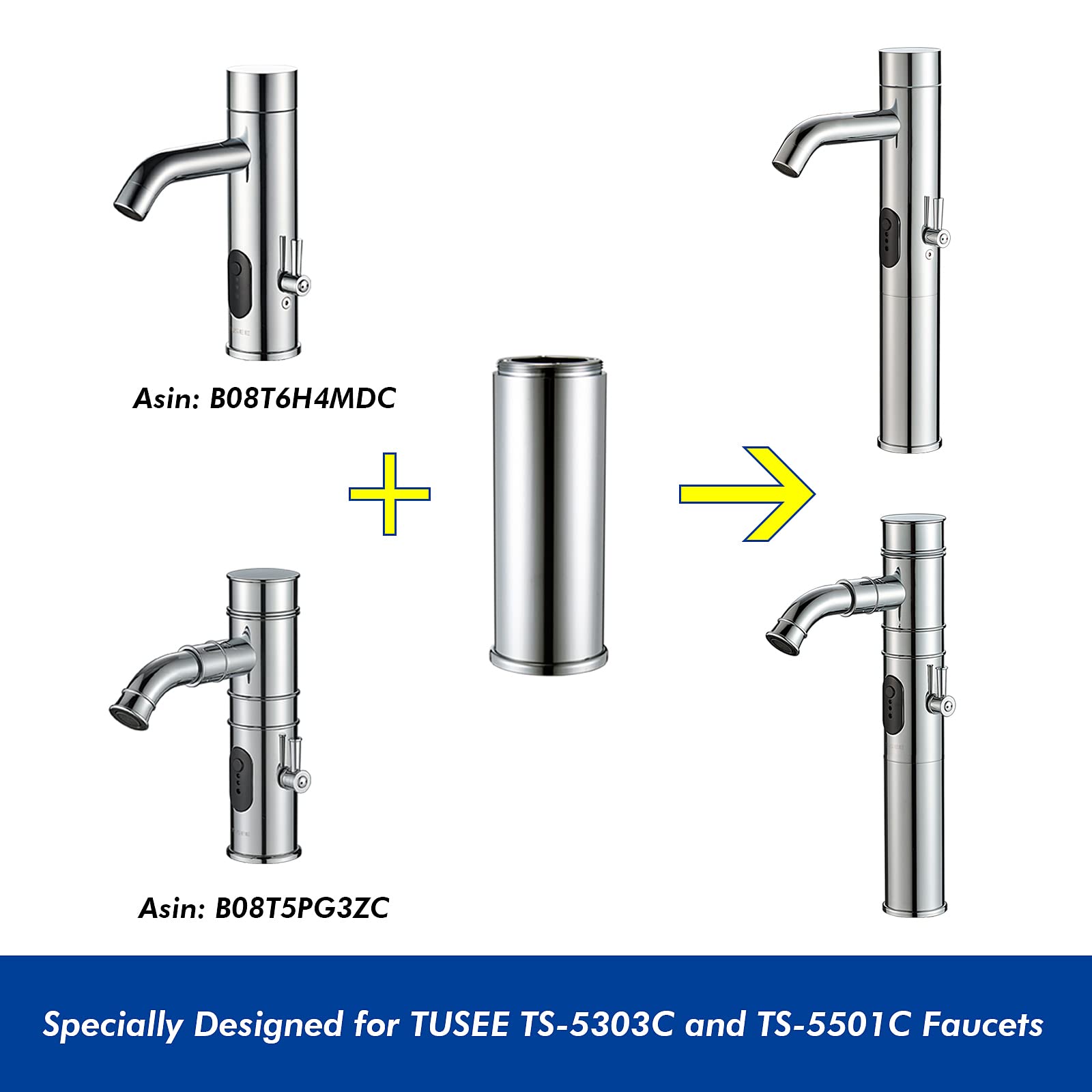 TUSEE Height Adding Pipe for Faucet, Elevating Pipe for TUSEE Manual and Automatic Faucet, Height-Adding Tube of Vanity Vessel Sink Faucet, Chrome, TS-95002C-H125