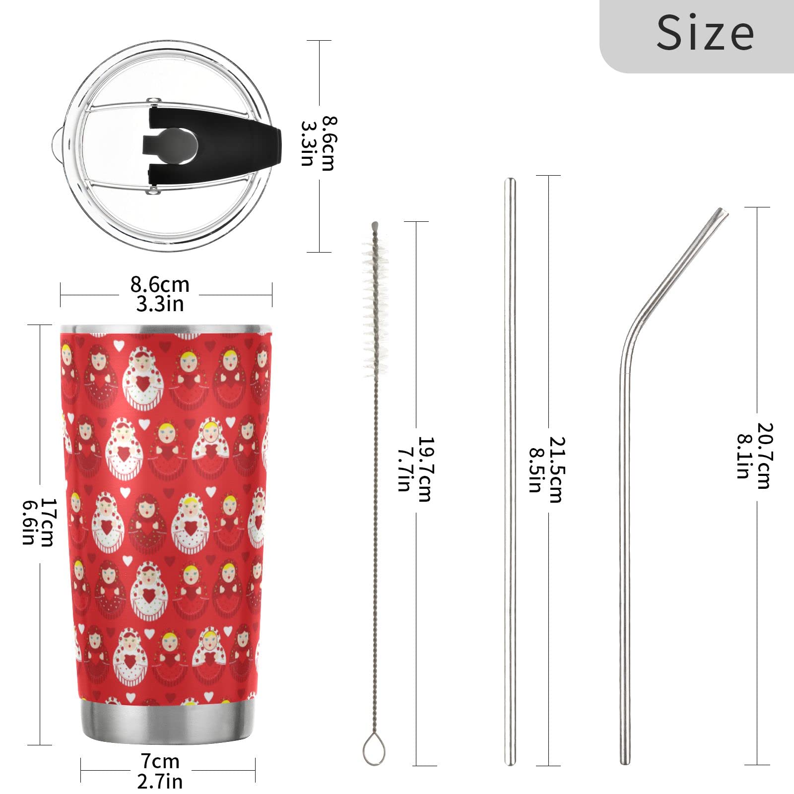Yasala Valentines Tumbler Russian Doll Heart Insulated Coffee Cup Beverage Container Office Travel Mug with Straw and Lid 20oz Holiday Back to School Gift