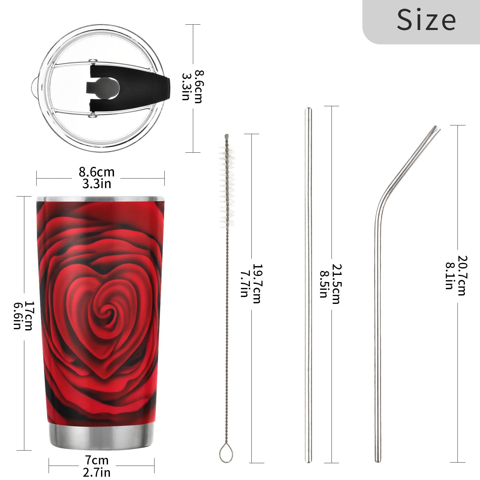Yasala Valentines Tumbler Heart Shape Rose Red Insulated Coffee Cup Beverage Container Office Travel Mug with Straw and Lid 20oz Holiday Back to School Gift
