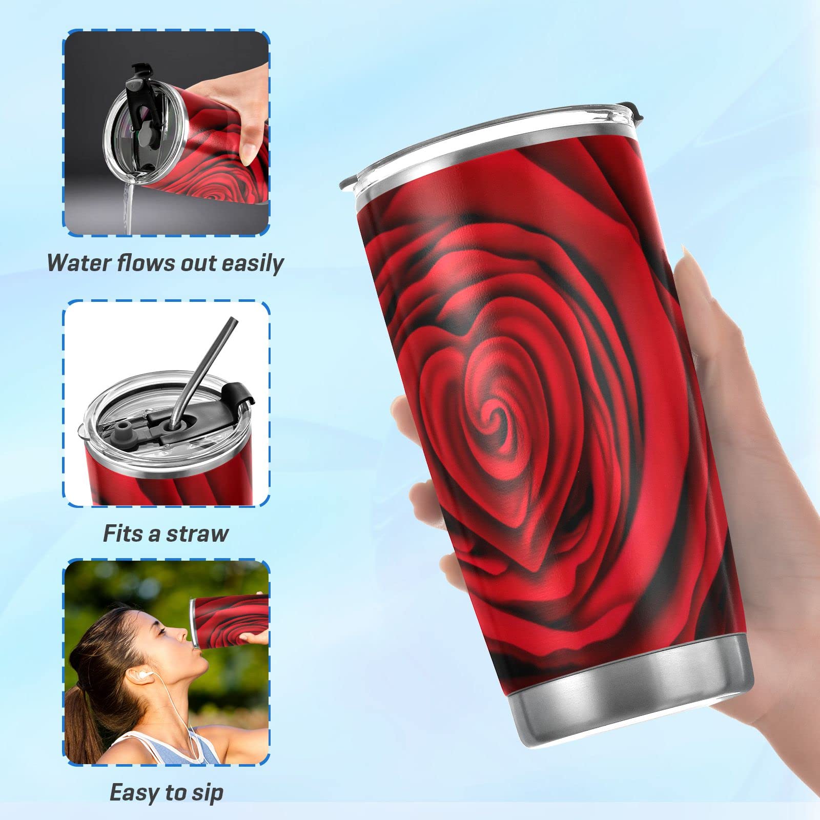 Yasala Valentines Tumbler Heart Shape Rose Red Insulated Coffee Cup Beverage Container Office Travel Mug with Straw and Lid 20oz Holiday Back to School Gift