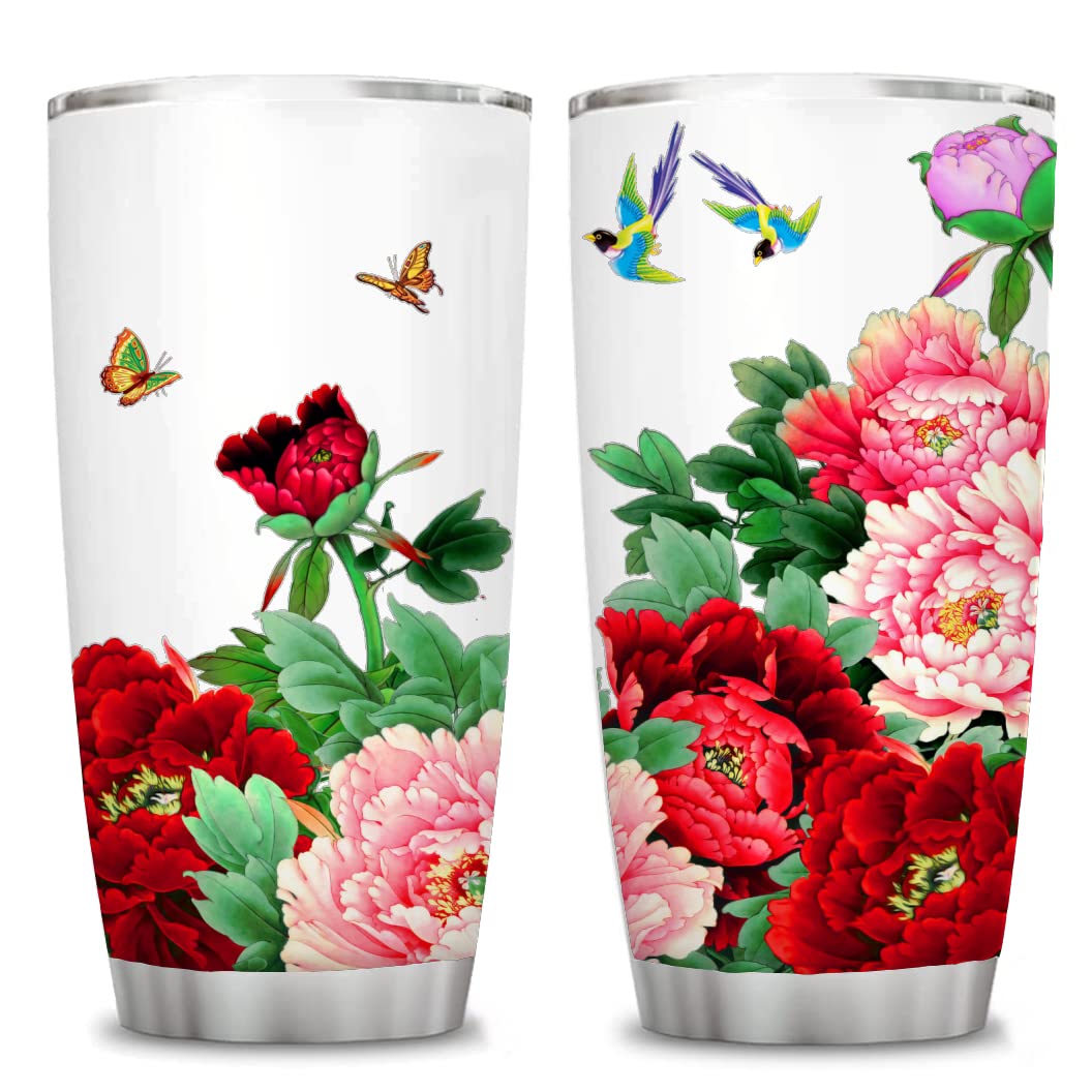 ATHAND Peony Floral Tumblers with Lid 20 Oz - Stainless Steel Insulated Flowers Tumbler Travel Coffee Mugs Gifts for Women - Cute Birthday Christmas Gifts For Women Her Friends (Peony),1 Pcs