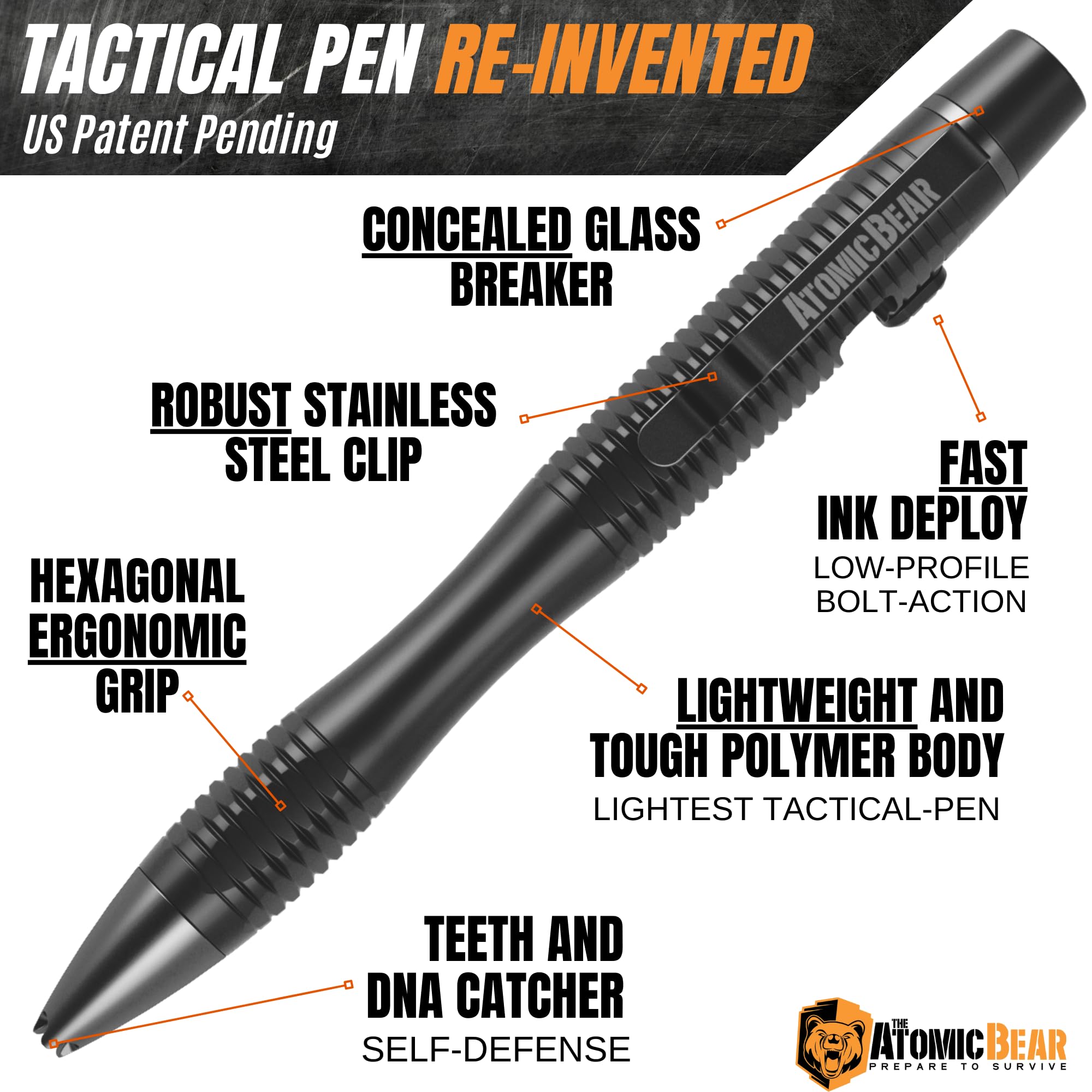 The Atomic Bear Stealth Pen Pro Tactical Pen for Self Defense - Enhanced Writing Survival Pen with Glass Breaker to Escape & Defend - Bonus Training to Protecting Yourself - Great Gift for Men