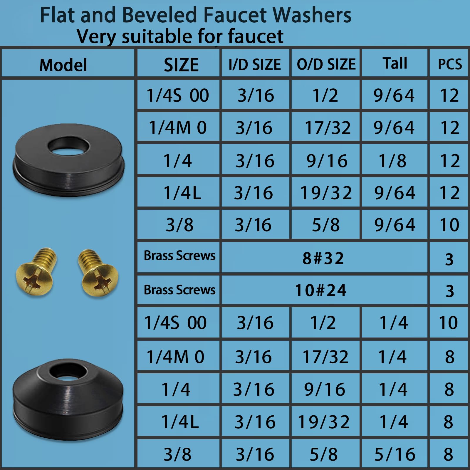 ZDBB 96 pcs Flat and Beveled Faucet Washers and Brass Bibb Screws Assortment for Use with Assorted Quick-Opening Style Faucets Stem Worn Out Washer Replacements Black