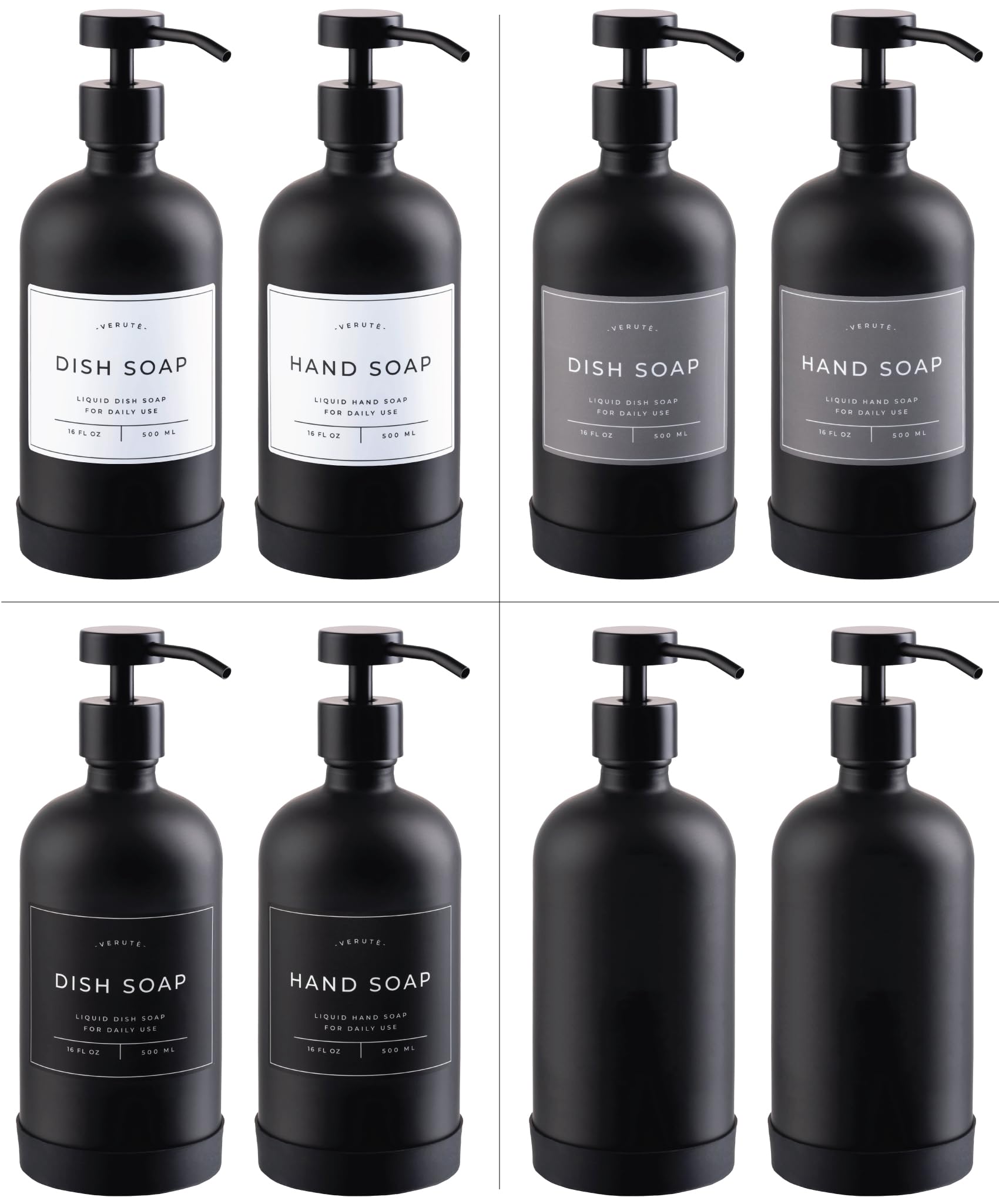 Verute 16oz Glass Soap Dispenser with Stainless Steel Pump, 21 Waterproof Labels, Non-Slip Protective Silicone Pad, Set of 2 for Bathroom & Kitchen (Matte Black Bottle/Black Pump)