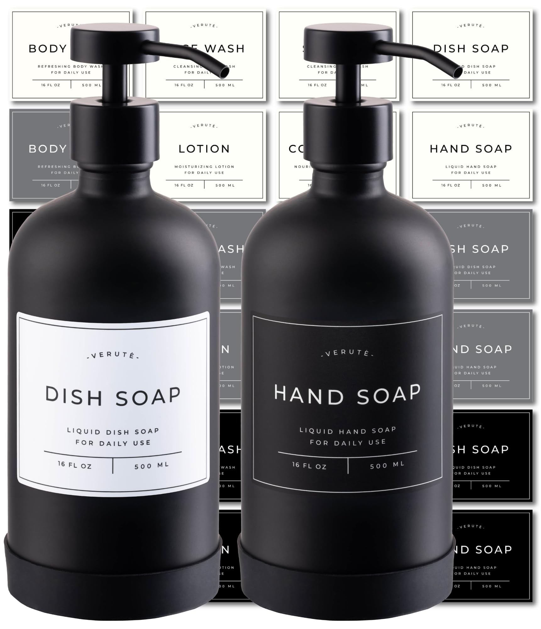 Verute 16oz Glass Soap Dispenser with Stainless Steel Pump, 21 Waterproof Labels, Non-Slip Protective Silicone Pad, Set of 2 for Bathroom & Kitchen (Matte Black Bottle/Black Pump)