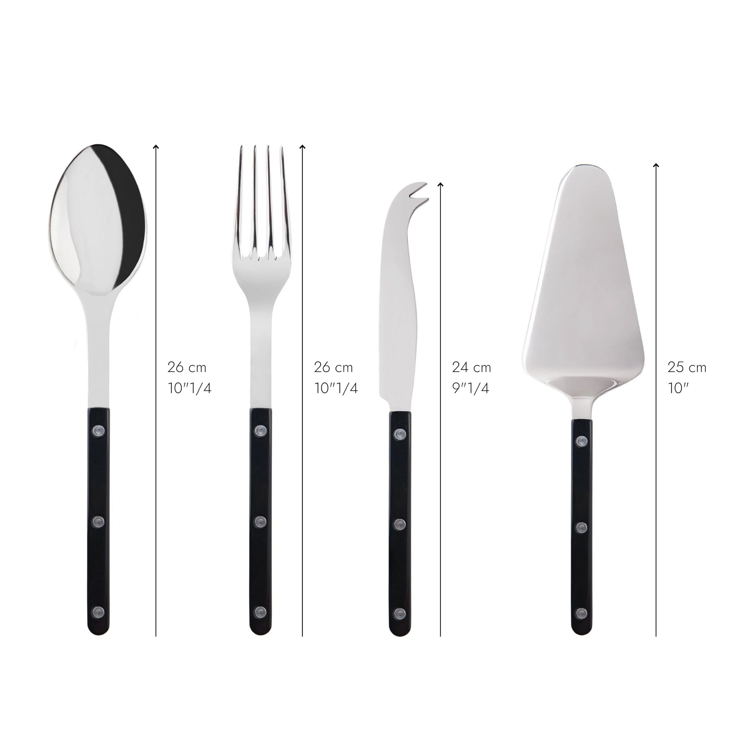 SABRE PARIS - 4-Piece Serving Set - Bistrot Collection - 2 Serving Flatware, Serrated Pie Server, Large Cheese Knife - Stainless Steel & Nylon - Dishwasher Safe - Black - Brilliant Finish