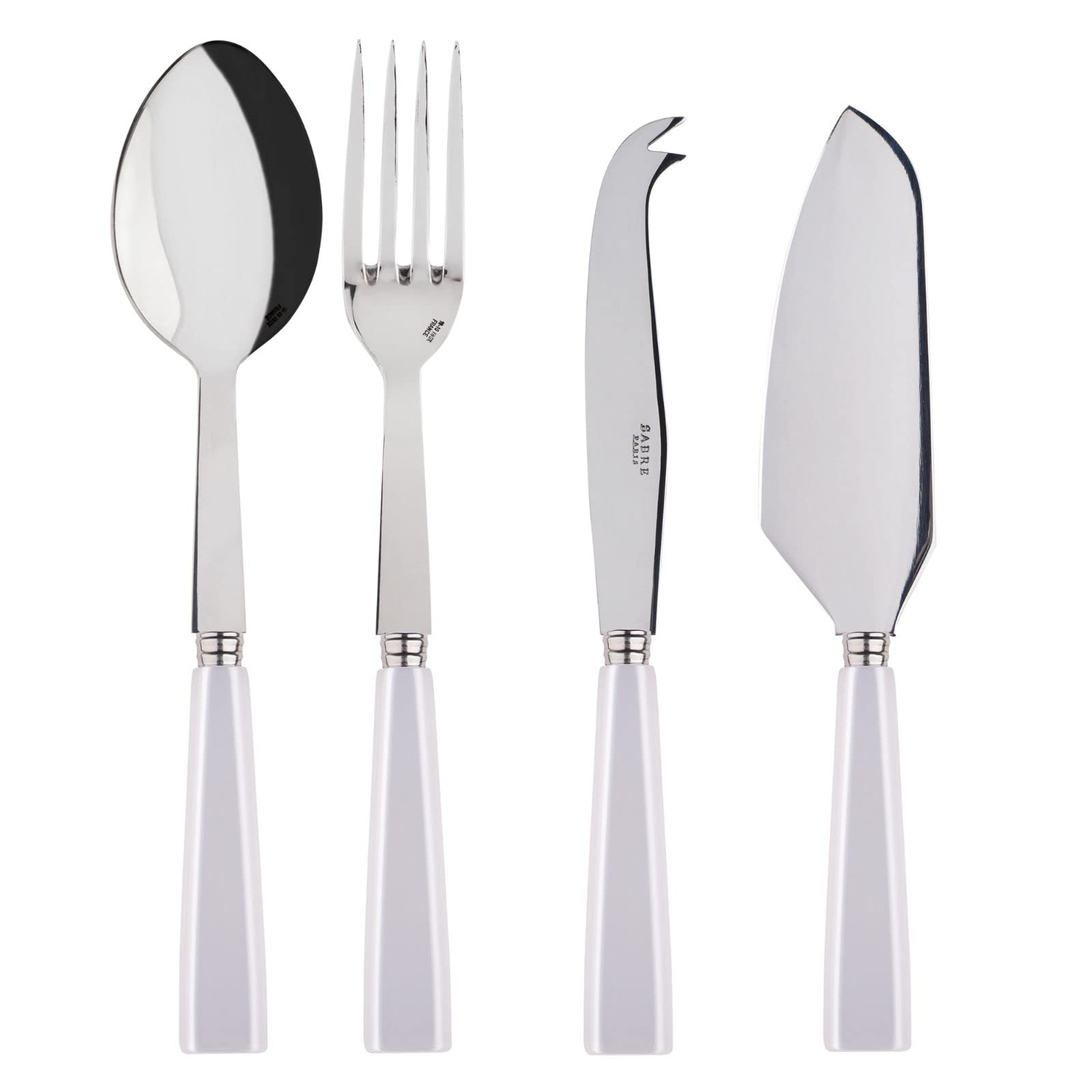 SABRE PARIS - 4-Piece Serving Set - IcĂ´ne Collection - 2 Serving Flatware, Serrated Pie Server, Large Cheese Knife - Stainless Steel & Acrylic - Dishwasher Safe - White