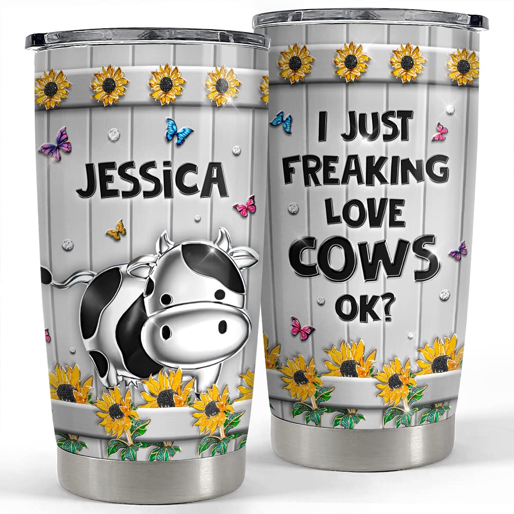 SANDJEST Personalized Cow Tumbler Sunflower Girl Loves Cows 20oz 30oz Tumblers with Lid Gift for Women Girl Daughter Sister Animal Lovers Christmas Birthday