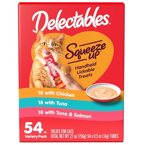 Delectables Squeeze Up Variety Pack, Creamy Squeezable Puree, Lickable Wet Cat Treats, Grain Free, No Added Fillers, No by-Products, No Added Preservatives, 0.5 Ounces Tube, 54 Tubes Total