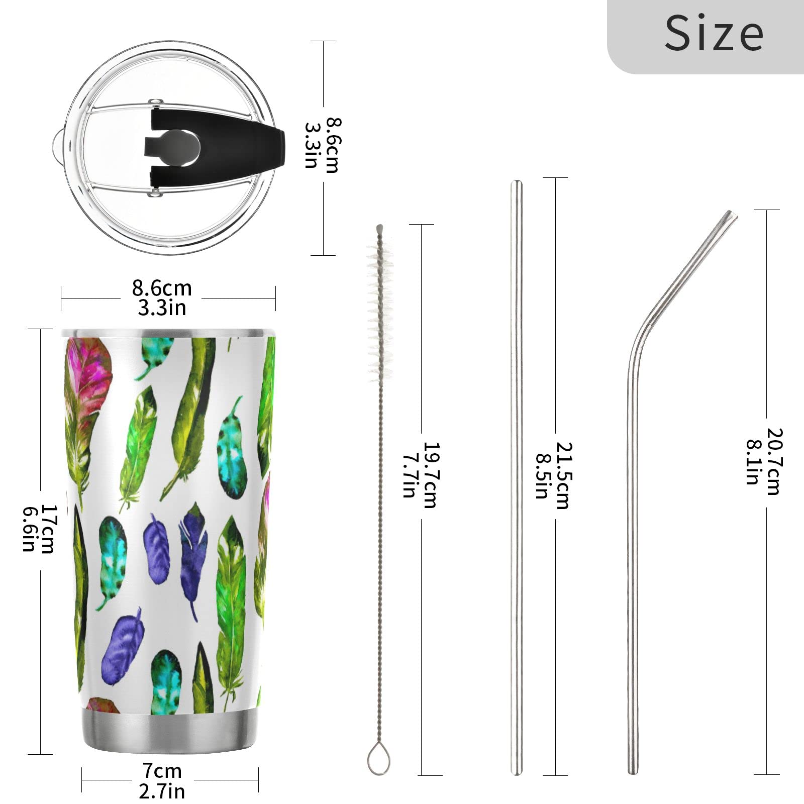 Yasala Tumbler Vibrant Feather Insulated Coffee Cup Back to School Beverage Container Office Travel Mug with Straw and Lid 20oz