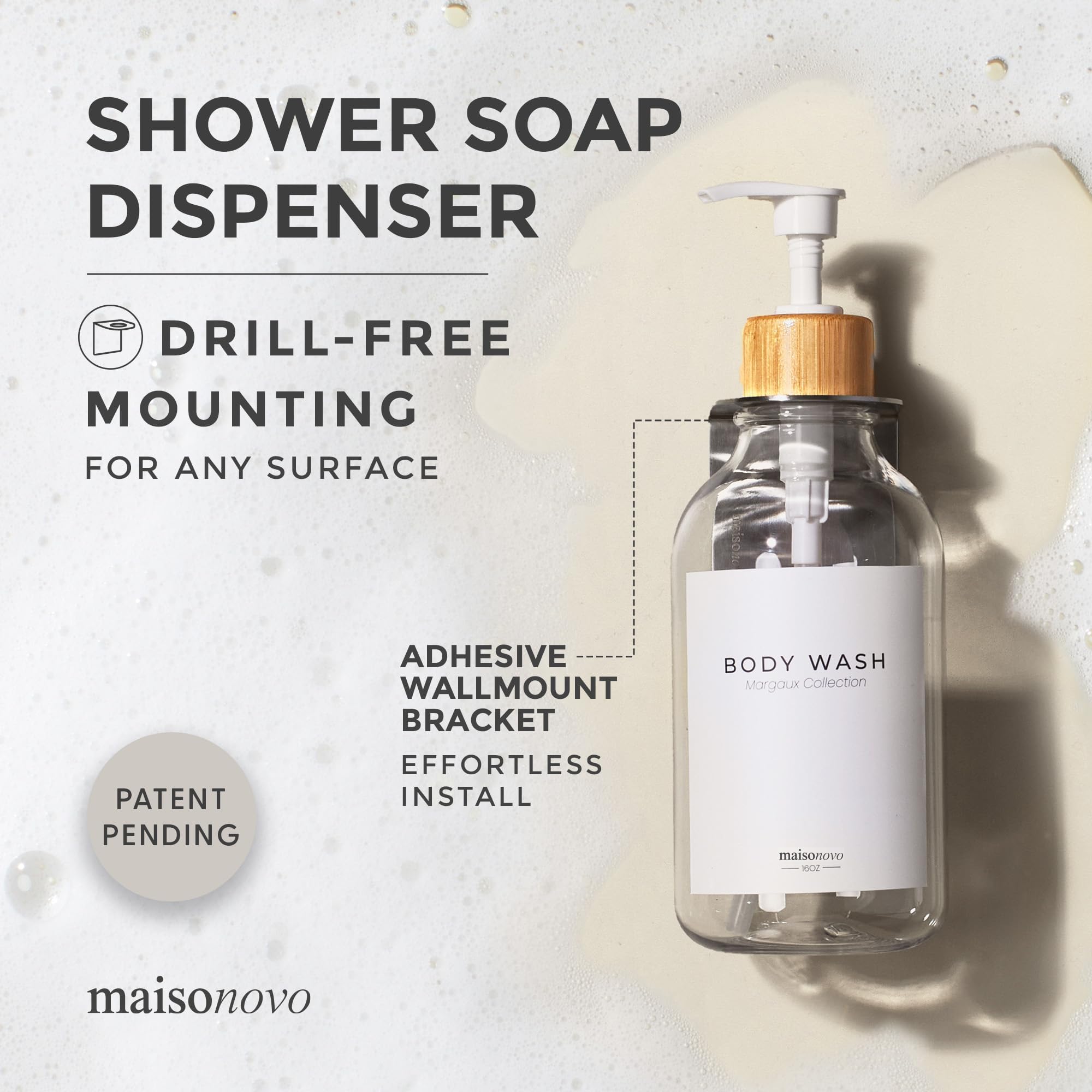 MaisoNovo Shampoo and Conditioner Dispenser - Shower Soap Dispenser Wall Mounted - 16.9 fl oz Set of 3 Clear Plastic Bottles White Bamboo Pump - Shampoo Dispenser, Shower Dispenser 3 Chamber No Drill