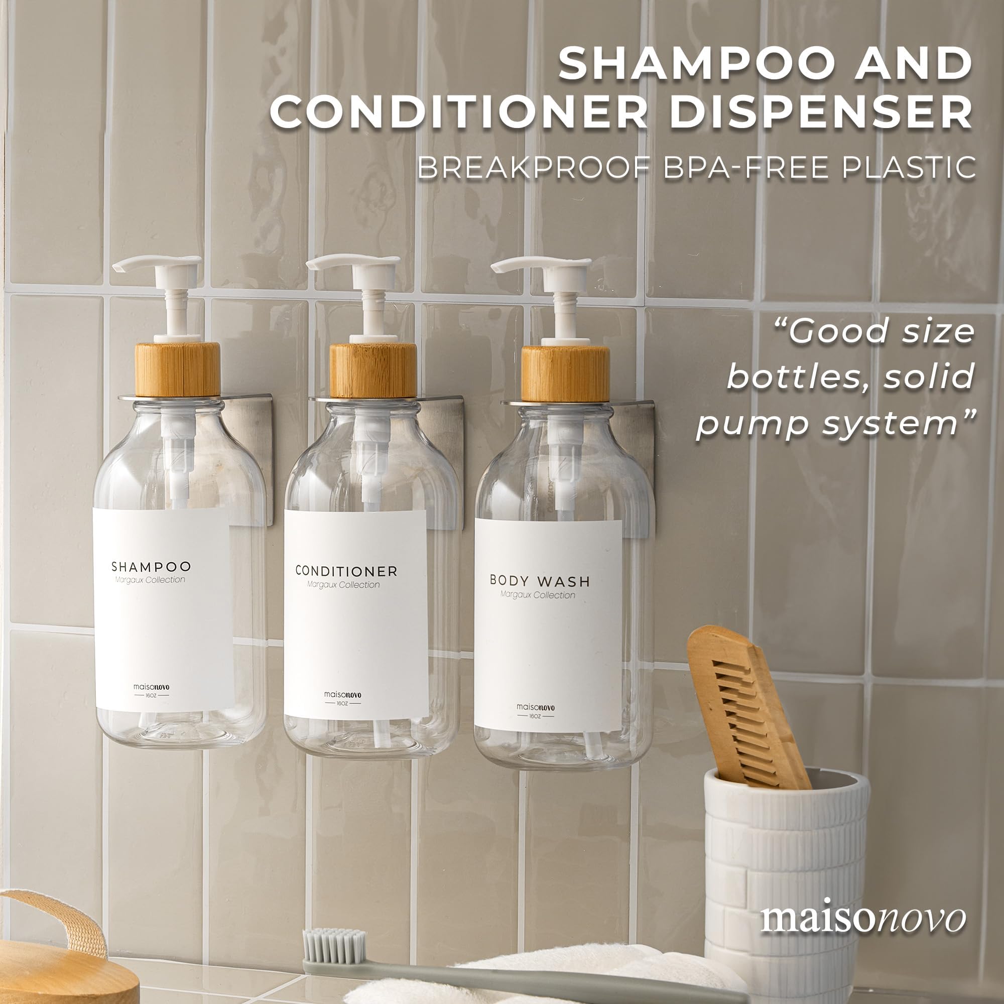 MaisoNovo Shampoo and Conditioner Dispenser - Shower Soap Dispenser Wall Mounted - 16.9 fl oz Set of 3 Clear Plastic Bottles White Bamboo Pump - Shampoo Dispenser, Shower Dispenser 3 Chamber No Drill