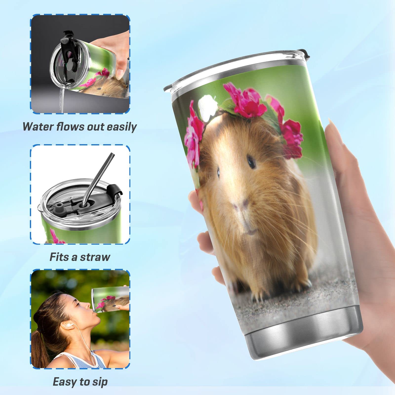 Yasala Tumbler Guinea Pig Flower Insulated Coffee Cup Beverage Container Office Travel Mug with Straw and Lid 20oz Holiday Back to School Gift
