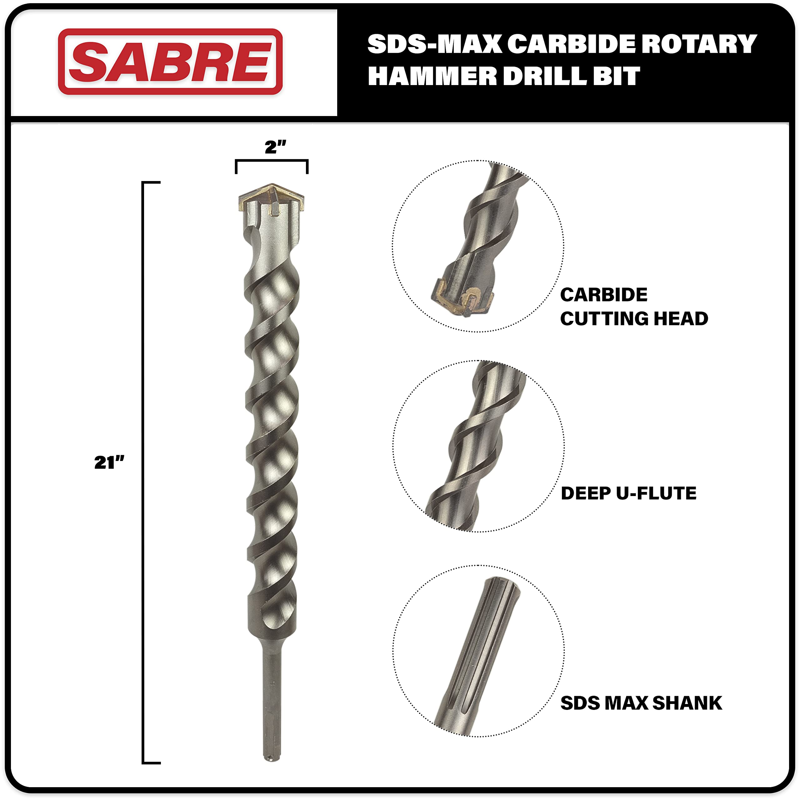 Sabre Tools Sabre Tool 2 Inch x 21 Inch SDS MAX Rotary Hammer Drill Bit, U-Flute, Carbide Tipped for Brick, Stone, and Concrete SDS MAX Drivers ONLY (2inches x 15inches x 21