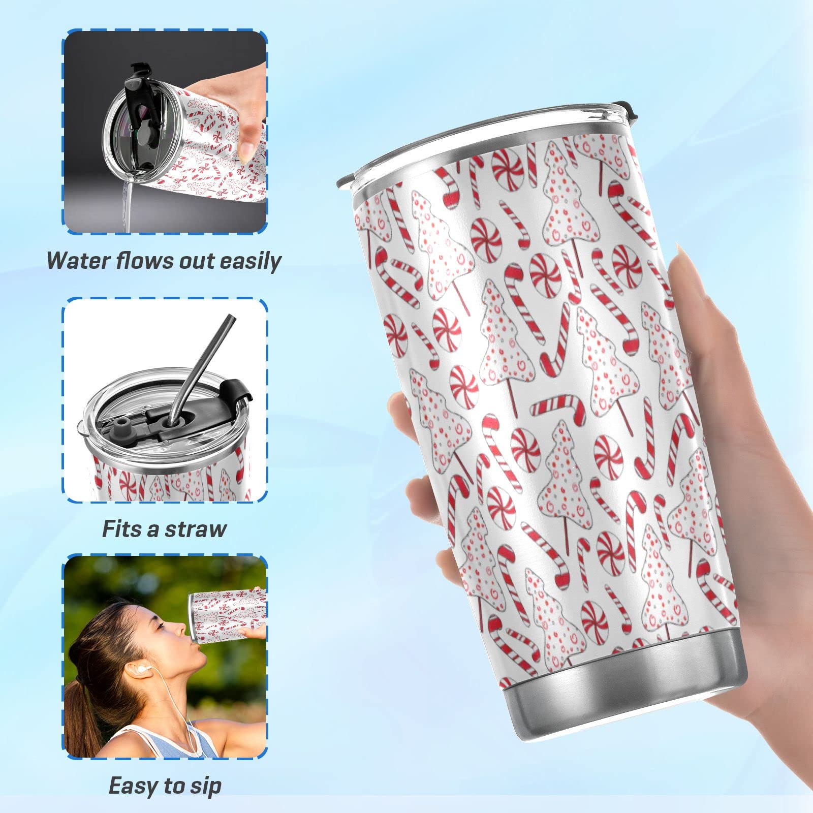 Yasala Christmas Tumbler Candy Cane Xmas Tree Insulated Coffee Cup Beverage Container Office Travel Mug with Straw and Lid 20oz Holiday Back to School Gift
