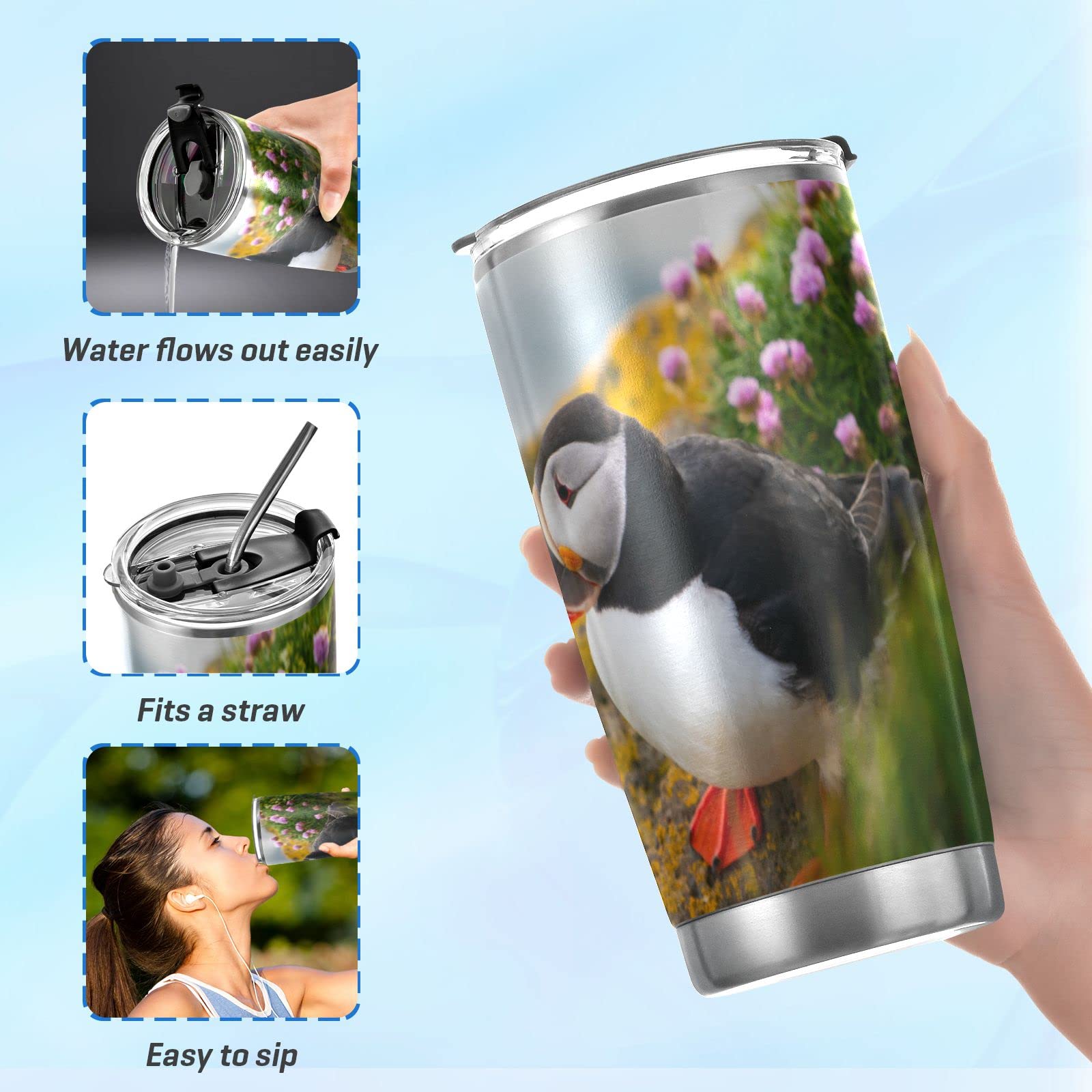 Yasala Tumbler Wild Flower Puffin Insulated Coffee Cup Beverage Container Office Travel Mug with Straw and Lid 20oz Holiday Back to School Gift