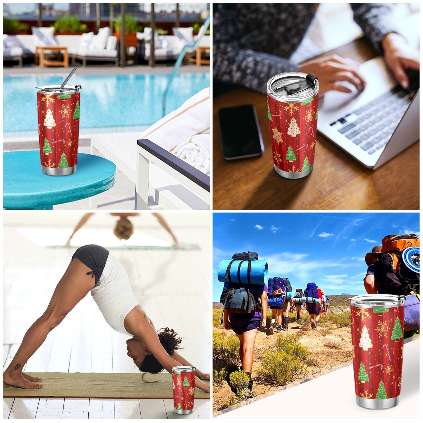 Yasala Christmas Tumbler Xmas Tree Red Stripes Insulated Coffee Cup Beverage Container Office Travel Mug with Straw and Lid 20oz Holiday Back to School Gift