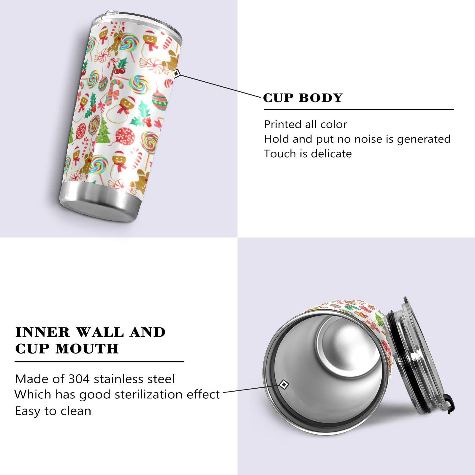 Yasala Christmas Tumbler Candy Cane Lollipop Gingerbread Insulated Coffee Cup Beverage Container Office Travel Mug with Straw and Lid 20oz Holiday Back to School Gift