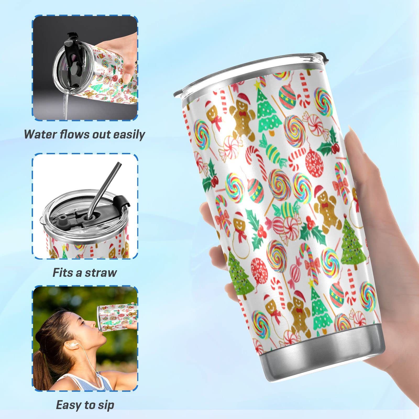 Yasala Christmas Tumbler Candy Cane Lollipop Gingerbread Insulated Coffee Cup Beverage Container Office Travel Mug with Straw and Lid 20oz Holiday Back to School Gift