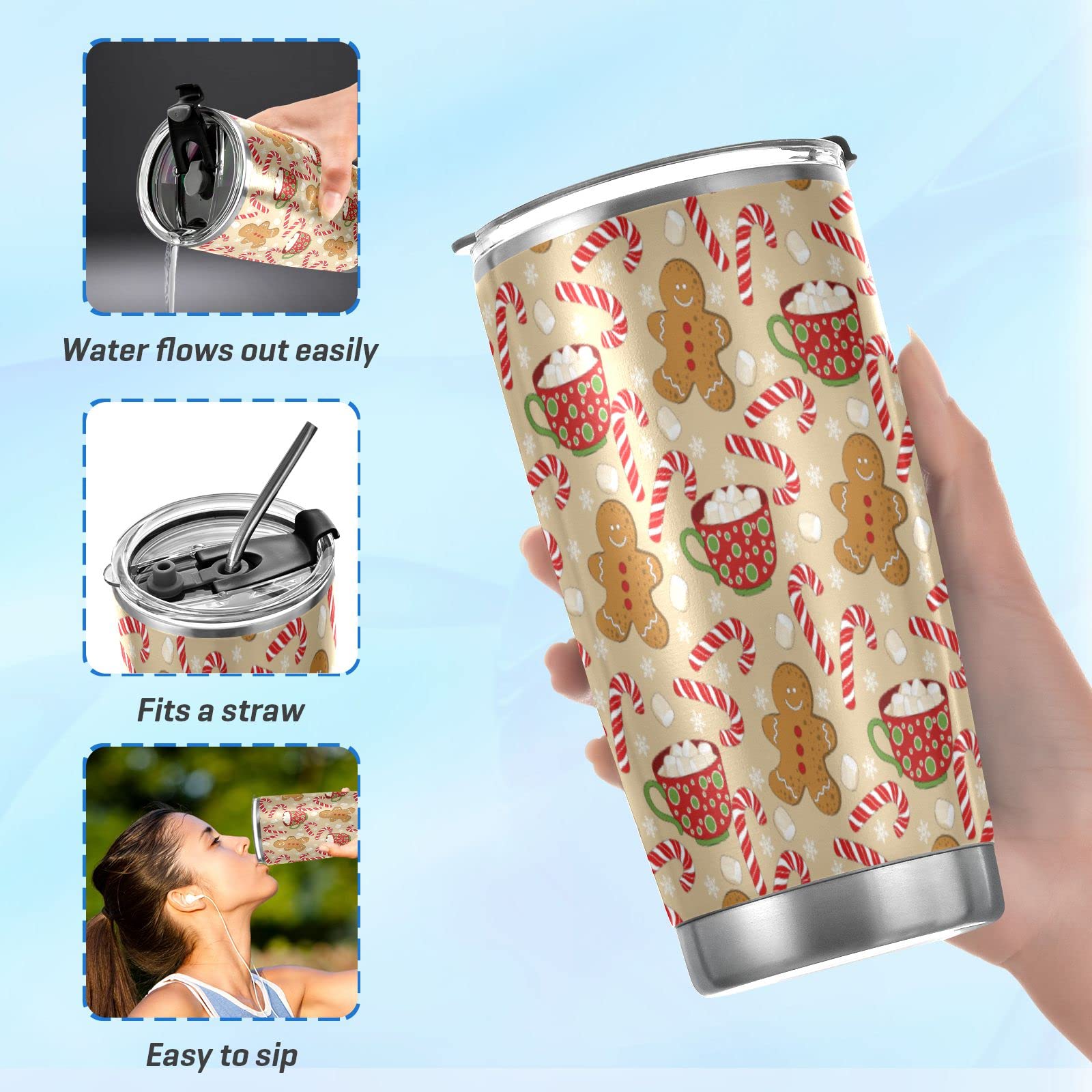 Yasala Christmas Tumbler Gingerbread Snowflake Candy Insulated Coffee Cup Beverage Container Office Travel Mug with Straw and Lid 20oz Holiday Back to School Gift