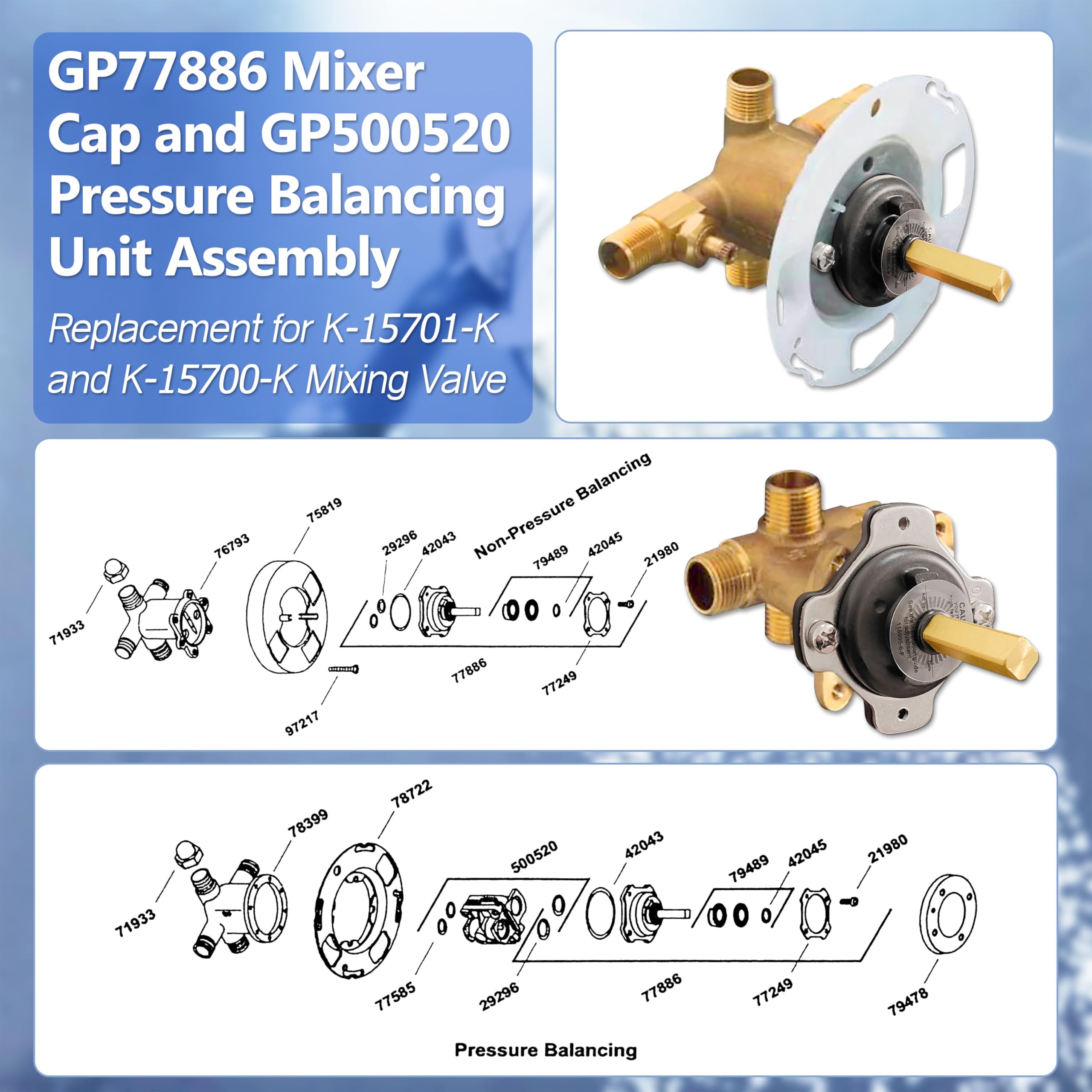 GP77886 Mixer Cap and GP500520 Pressure Balancing Unit Assembly Compatible with Kohler K-15701-K and K-15700-K mixing valve