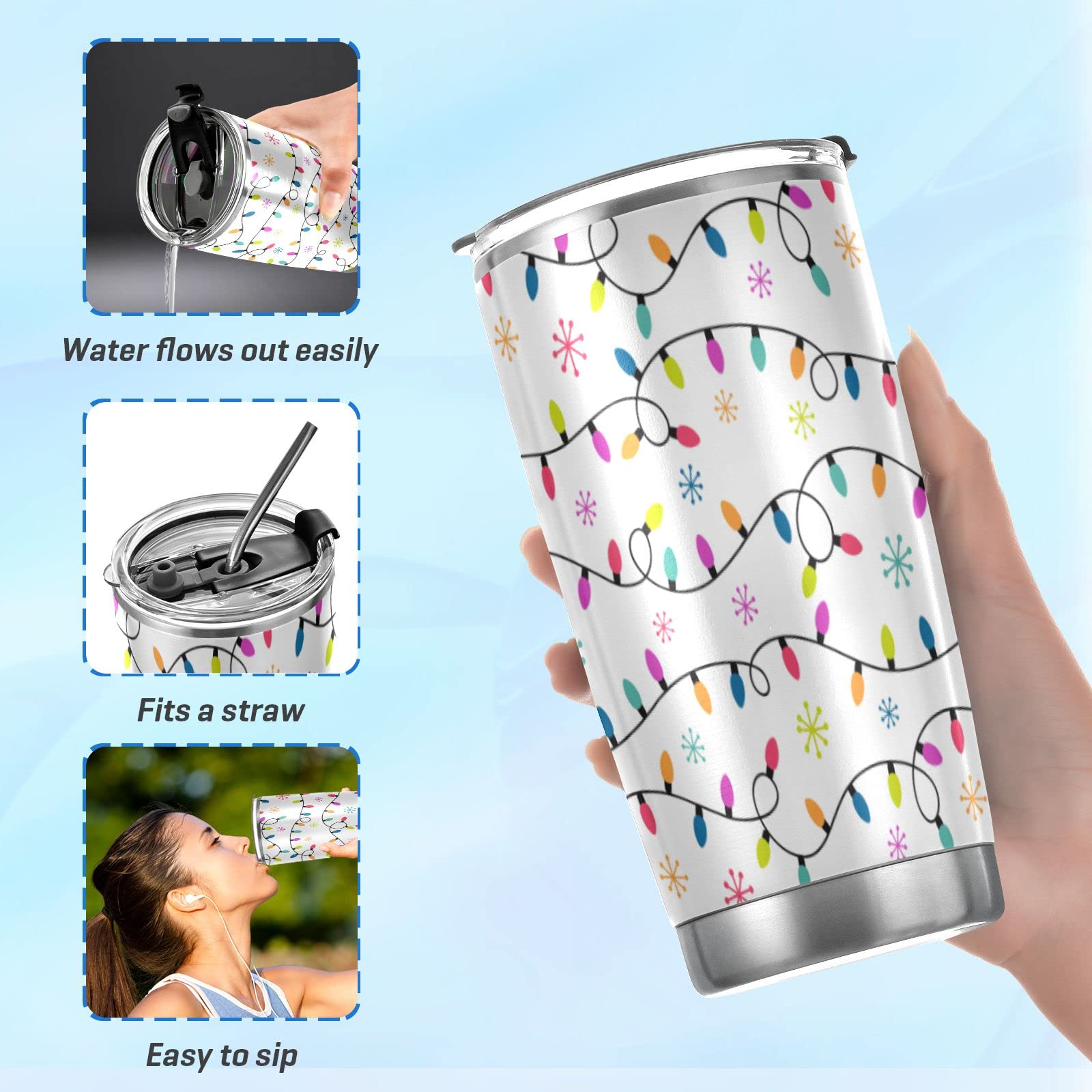 Yasala Christmas Tumbler Xmas Light Rainbow Insulated Coffee Cup Back to School Beverage Container Office Travel Mug with Straw and Lid 20oz Holiday New Year Gift