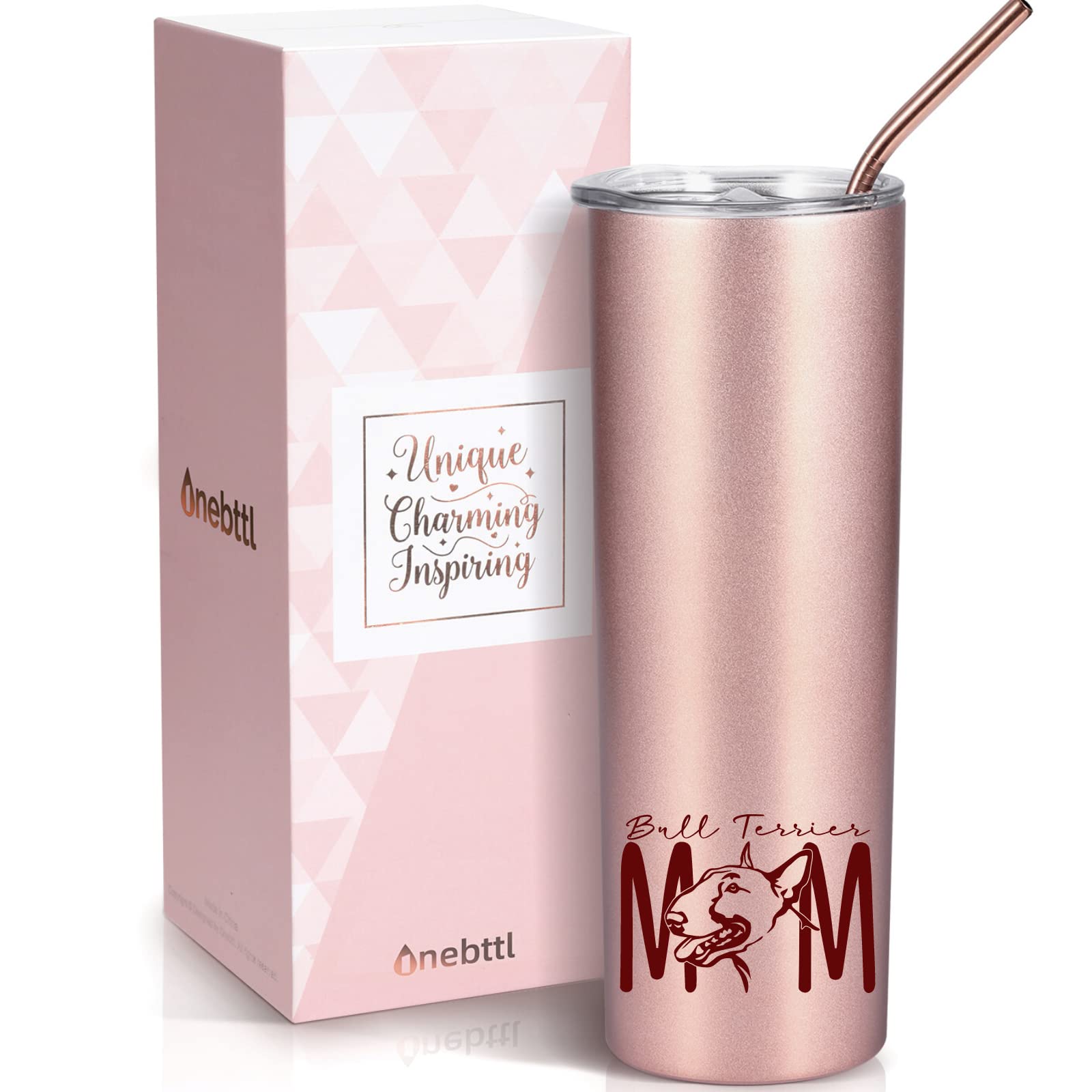 Onebttl Dog Mom Gifts, Dog Lover Gifts for Women, Best Dog Mom Ever, 20 oz Rose Gold Insulated Tumbler - Bull Terrier Mom