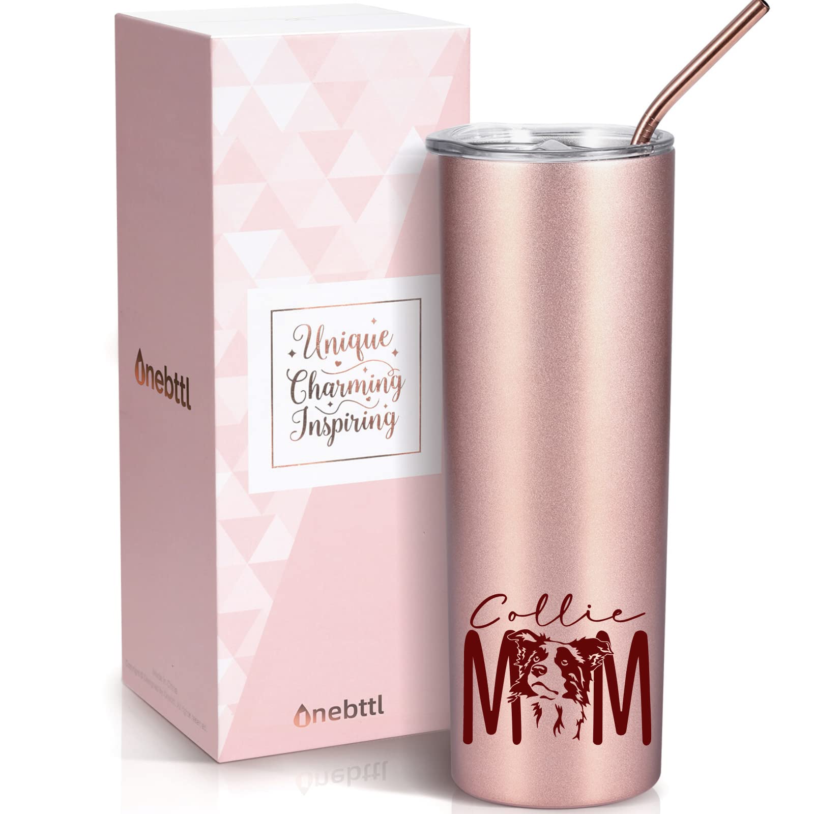 Onebttl Dog Mom Gifts, Dog Lover Gifts for Women, Best Dog Mom Ever, 20 oz Rose Gold Insulated Tumbler - Border Collie Mom