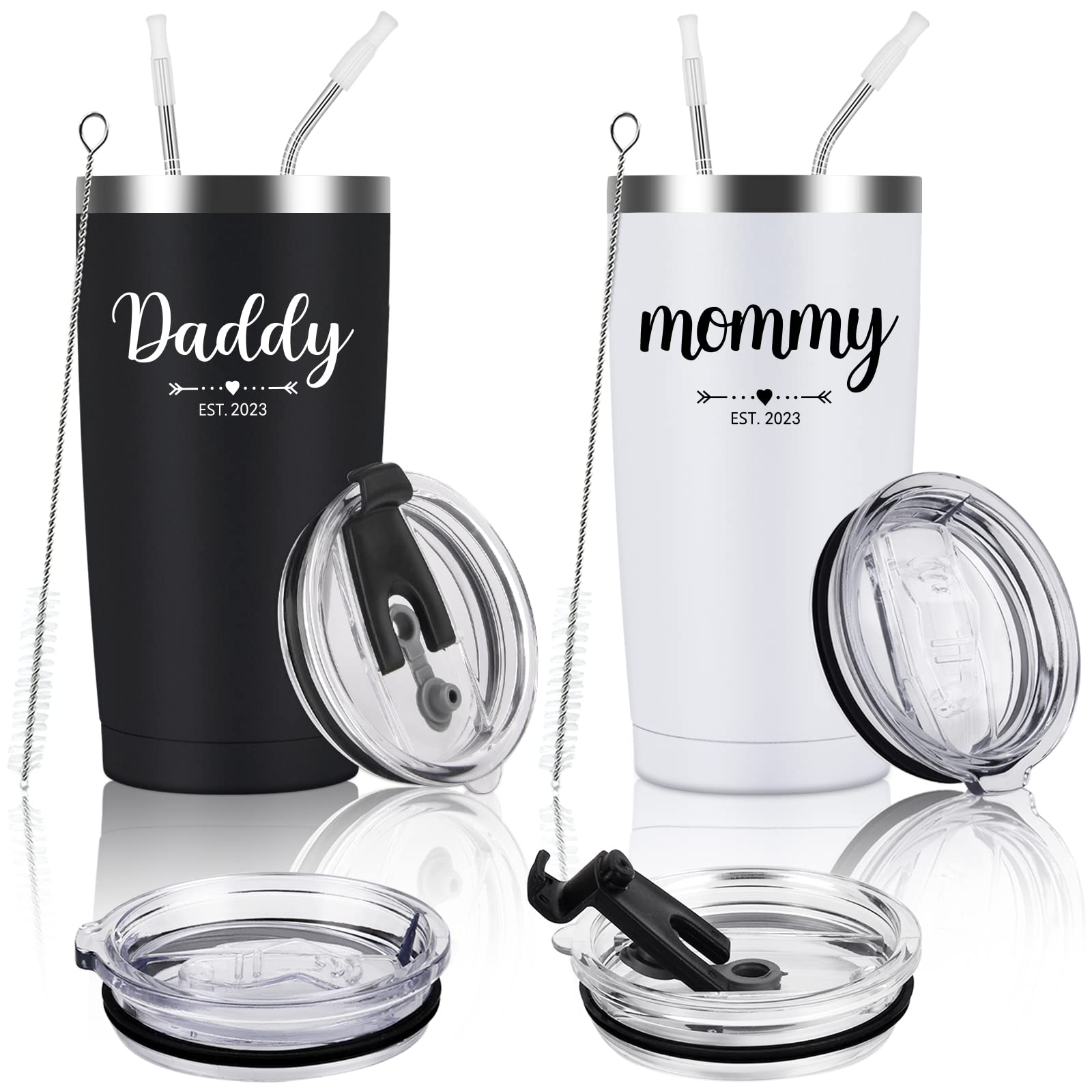 Daddy and Mommy Est 2023 Travel Tumbler, New Parents Insulated Tumblers 20Oz, Mom Dad Gift for Mother's Day, Father's Day, Christmas, New Pregnancy, Birthday, Baby Shower (Black White)