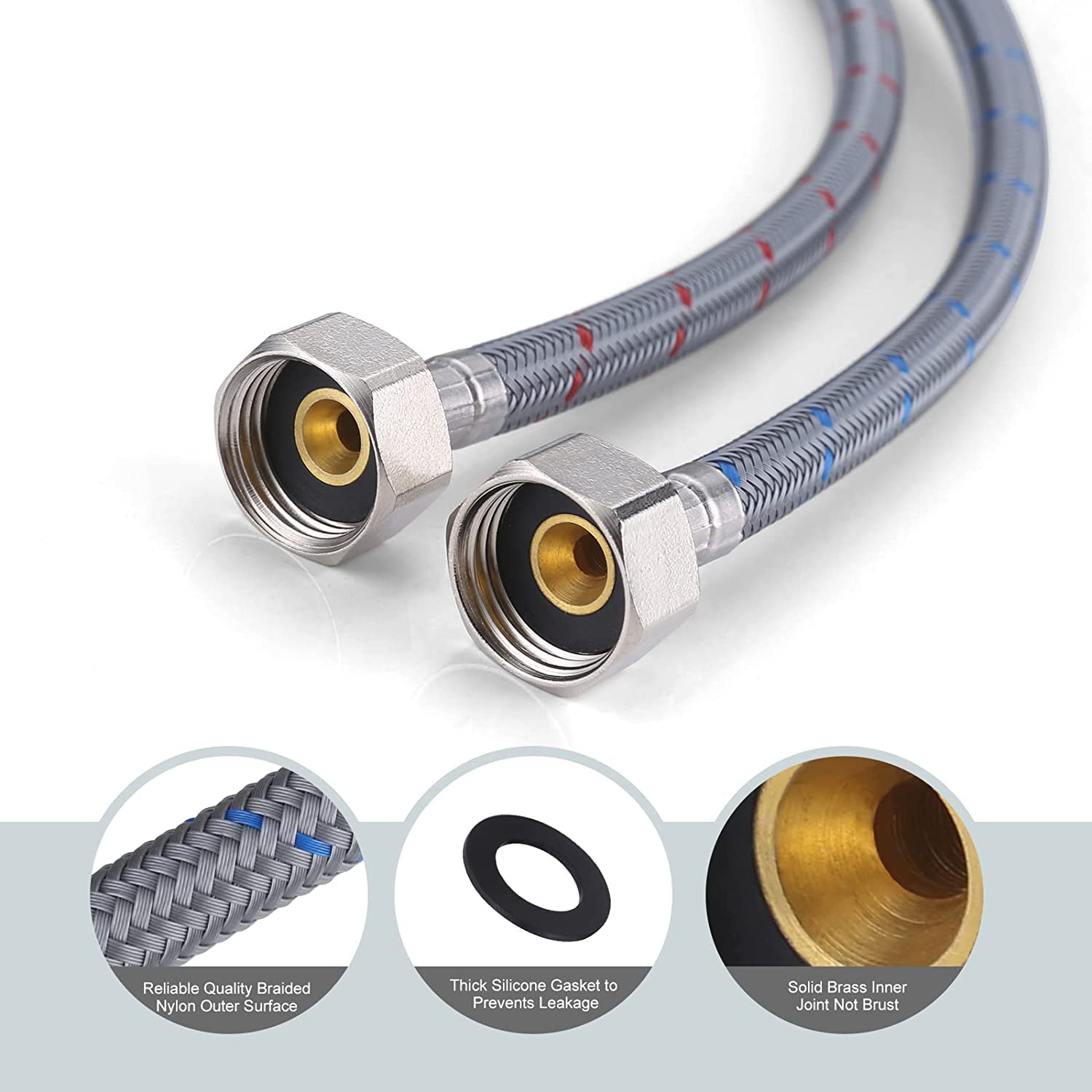 48" Length Faucet Supply Line, WOWOW Bathroom Kitchen Faucet Lines Braided Nylon Sink Hose with 3/8-Inch Female Compression Thread x 1/2" Comp 2Pcs (1 Pair)