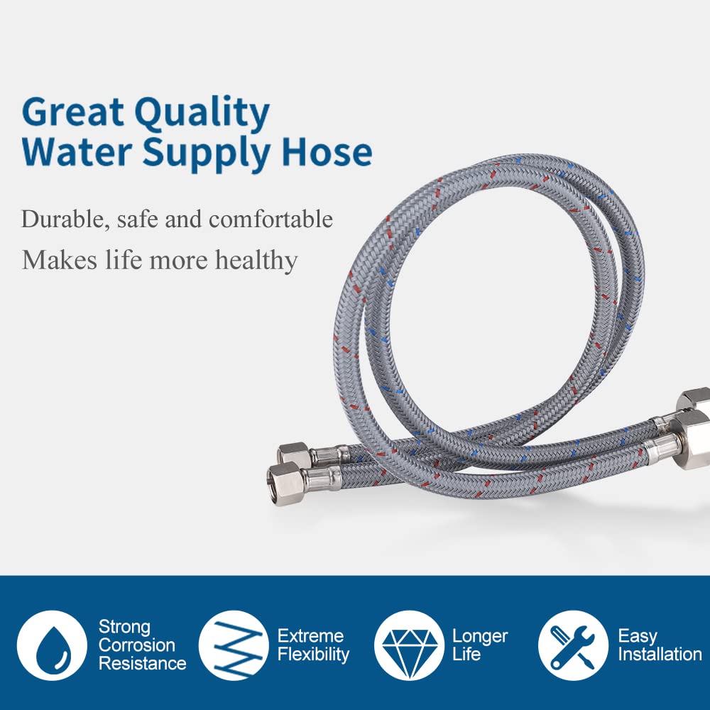 48" Length Faucet Supply Line, WOWOW Bathroom Kitchen Faucet Lines Braided Nylon Sink Hose with 3/8-Inch Female Compression Thread x 1/2" Comp 2Pcs (1 Pair)