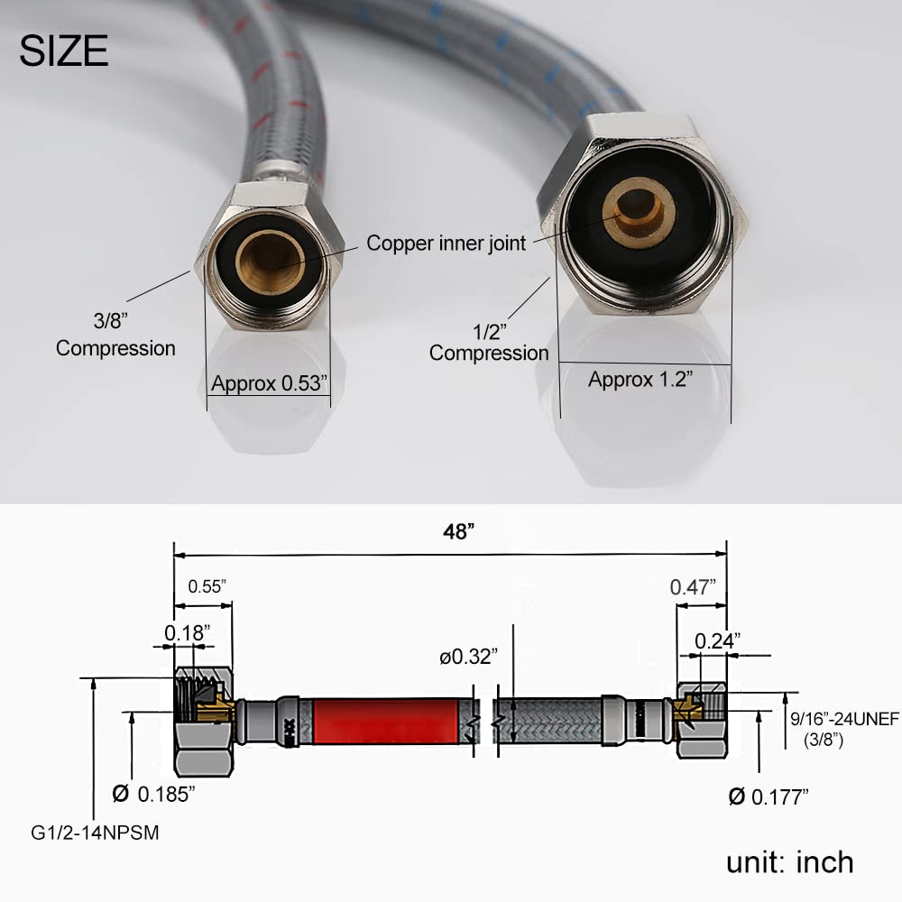 48" Length Faucet Supply Line, WOWOW Bathroom Kitchen Faucet Lines Braided Nylon Sink Hose with 3/8-Inch Female Compression Thread x 1/2" Comp 2Pcs (1 Pair)