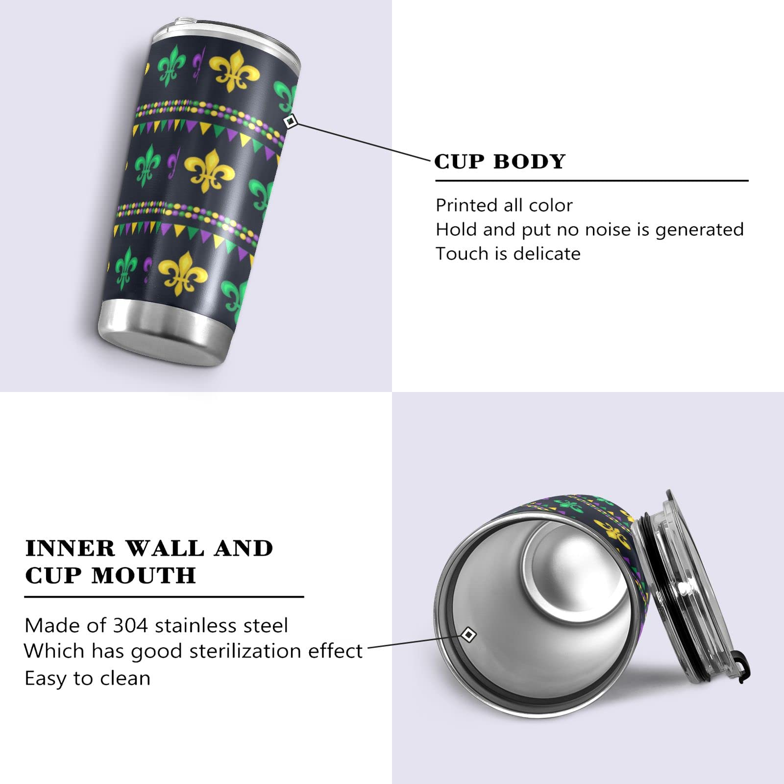 Yasala Mardi Gras Tumbler Party Bunting Beads Fleur De Lis Insulated Coffee Cup Fat Tuesday Beverage Container Office Travel Mug with Straw and Lid 20oz Holiday Back to School Gift