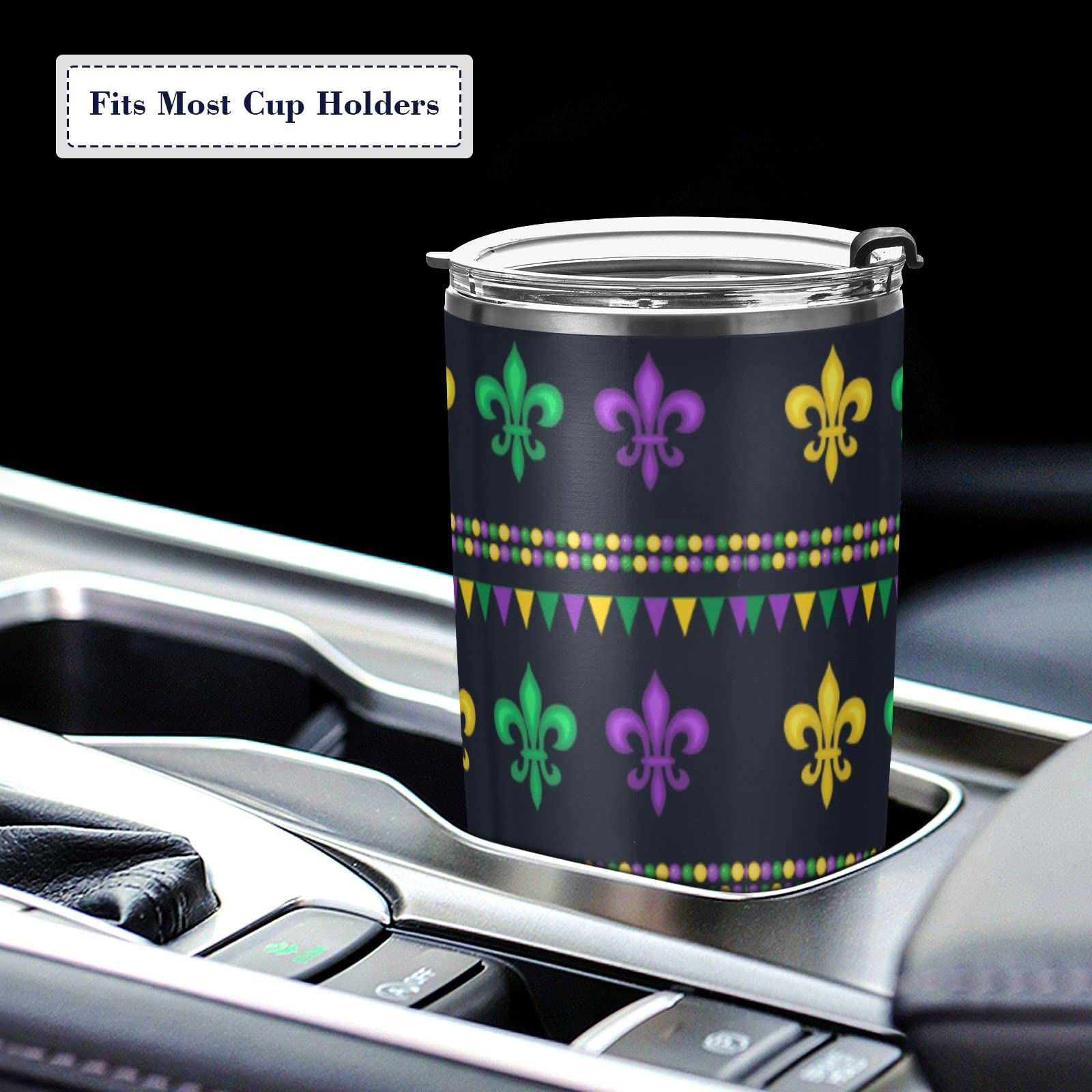 Yasala Mardi Gras Tumbler Party Bunting Beads Fleur De Lis Insulated Coffee Cup Fat Tuesday Beverage Container Office Travel Mug with Straw and Lid 20oz Holiday Back to School Gift