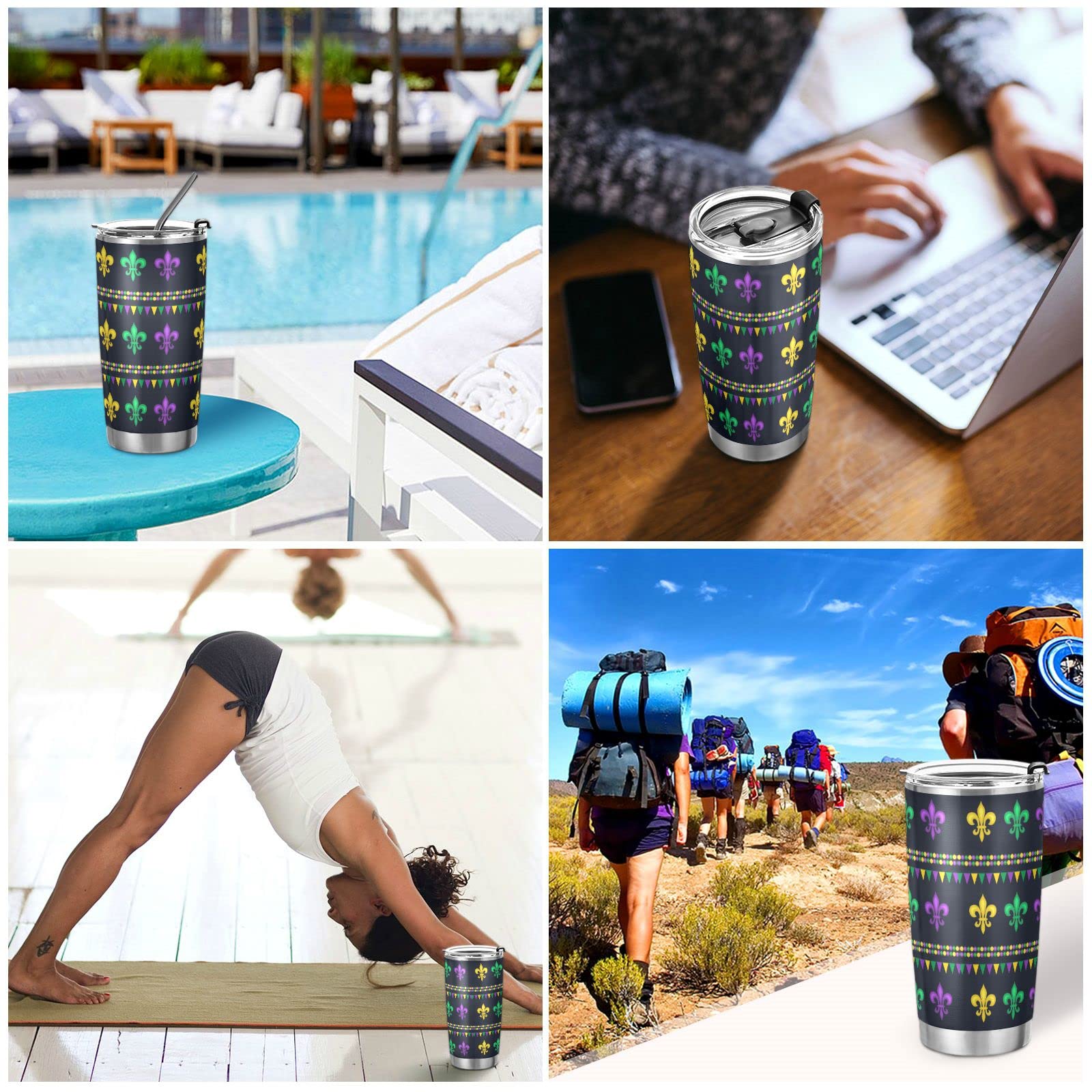 Yasala Mardi Gras Tumbler Party Bunting Beads Fleur De Lis Insulated Coffee Cup Fat Tuesday Beverage Container Office Travel Mug with Straw and Lid 20oz Holiday Back to School Gift