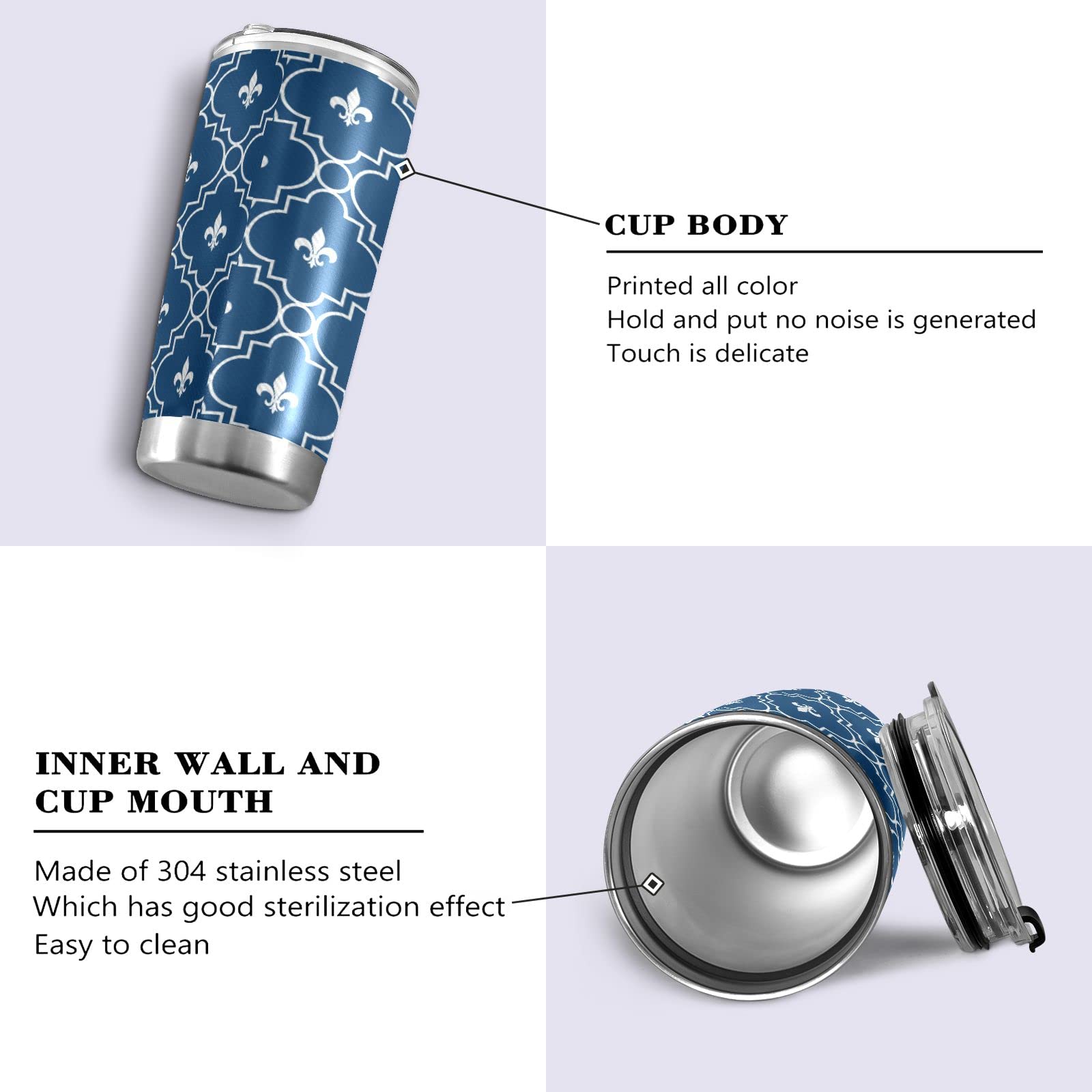 Yasala Mardi Gras Tumbler Fleur De Lis Moroccan Blue Insulated Coffee Cup Fat Tuesday Beverage Container Office Travel Mug with Straw and Lid 20oz Holiday Back to School Gift