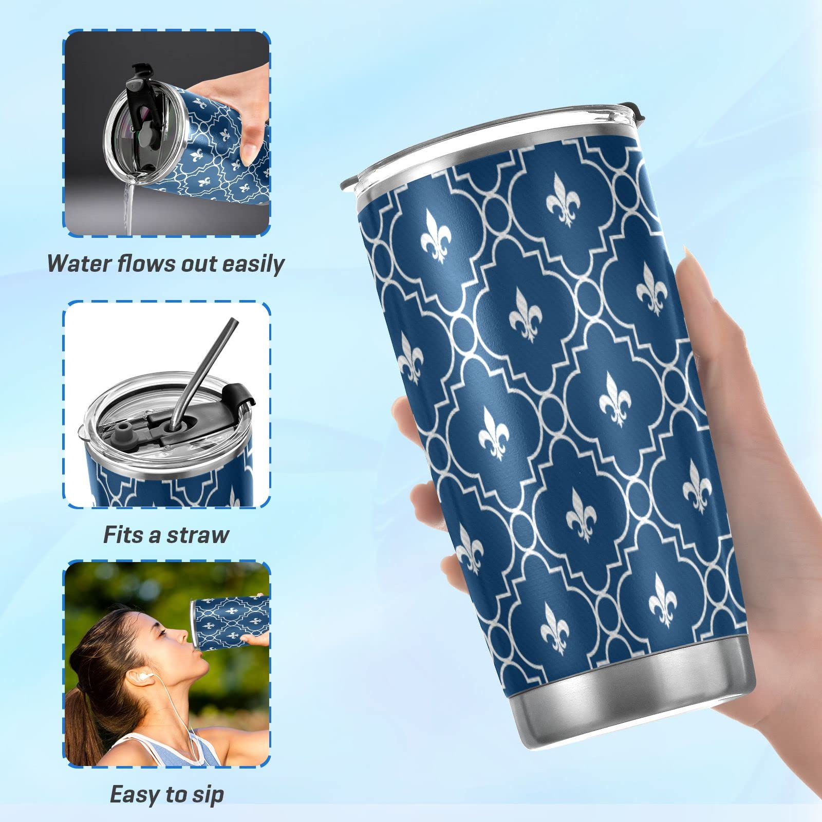Yasala Mardi Gras Tumbler Fleur De Lis Moroccan Blue Insulated Coffee Cup Fat Tuesday Beverage Container Office Travel Mug with Straw and Lid 20oz Holiday Back to School Gift