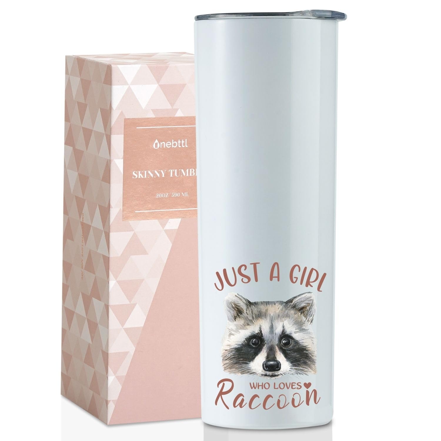 Onebttl Raccoon Gifts for Women, Insulated 20 oz Stainless Steel Skinny Tumbler with Straw, Brush, Lid, and Gifts Box, Just A Girl Who Loves Raccoon