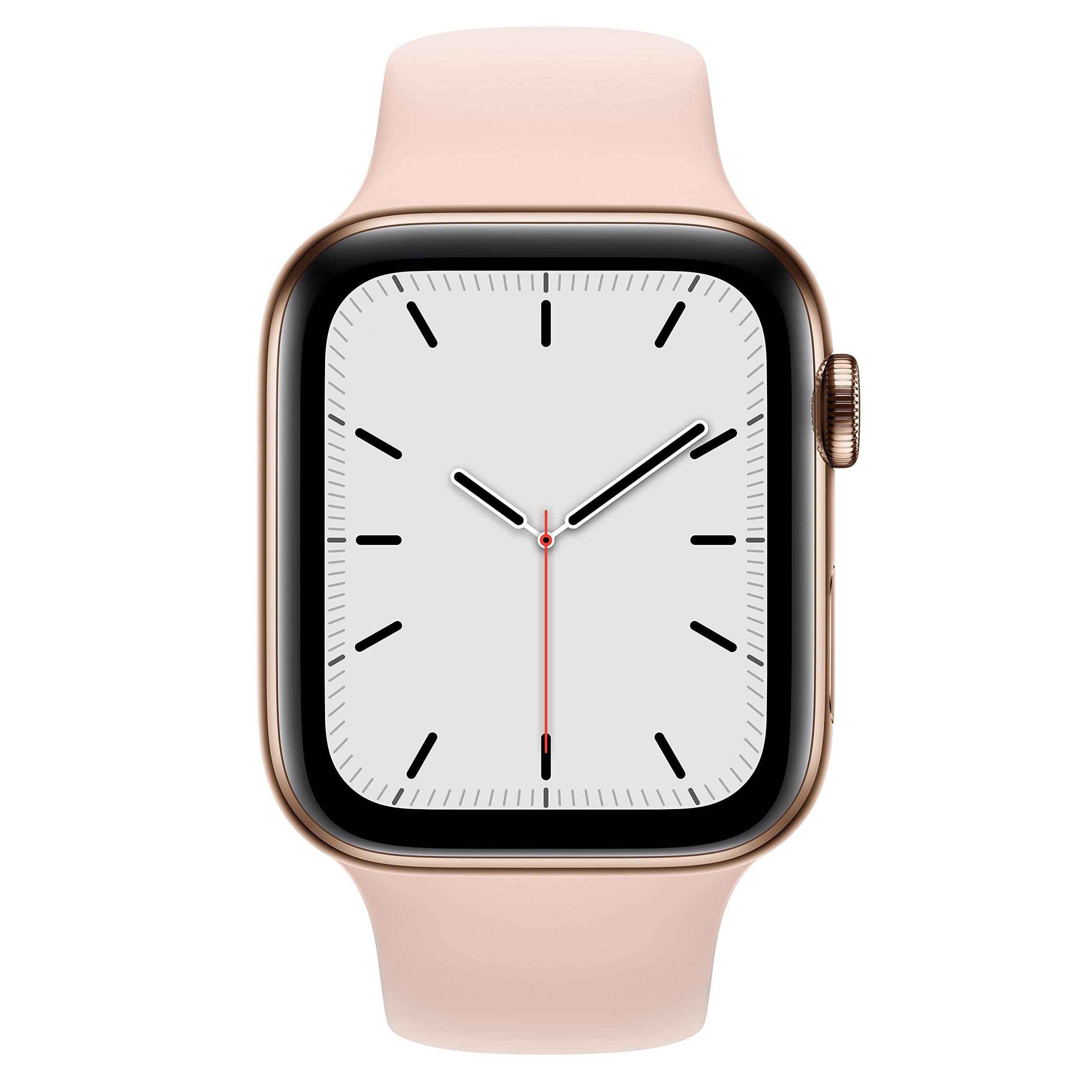 Apple Watch Series 5 44mm GPS Cellular Stainless Steel Gold Case Pink Sport Band Smartwatch (Renewed)
