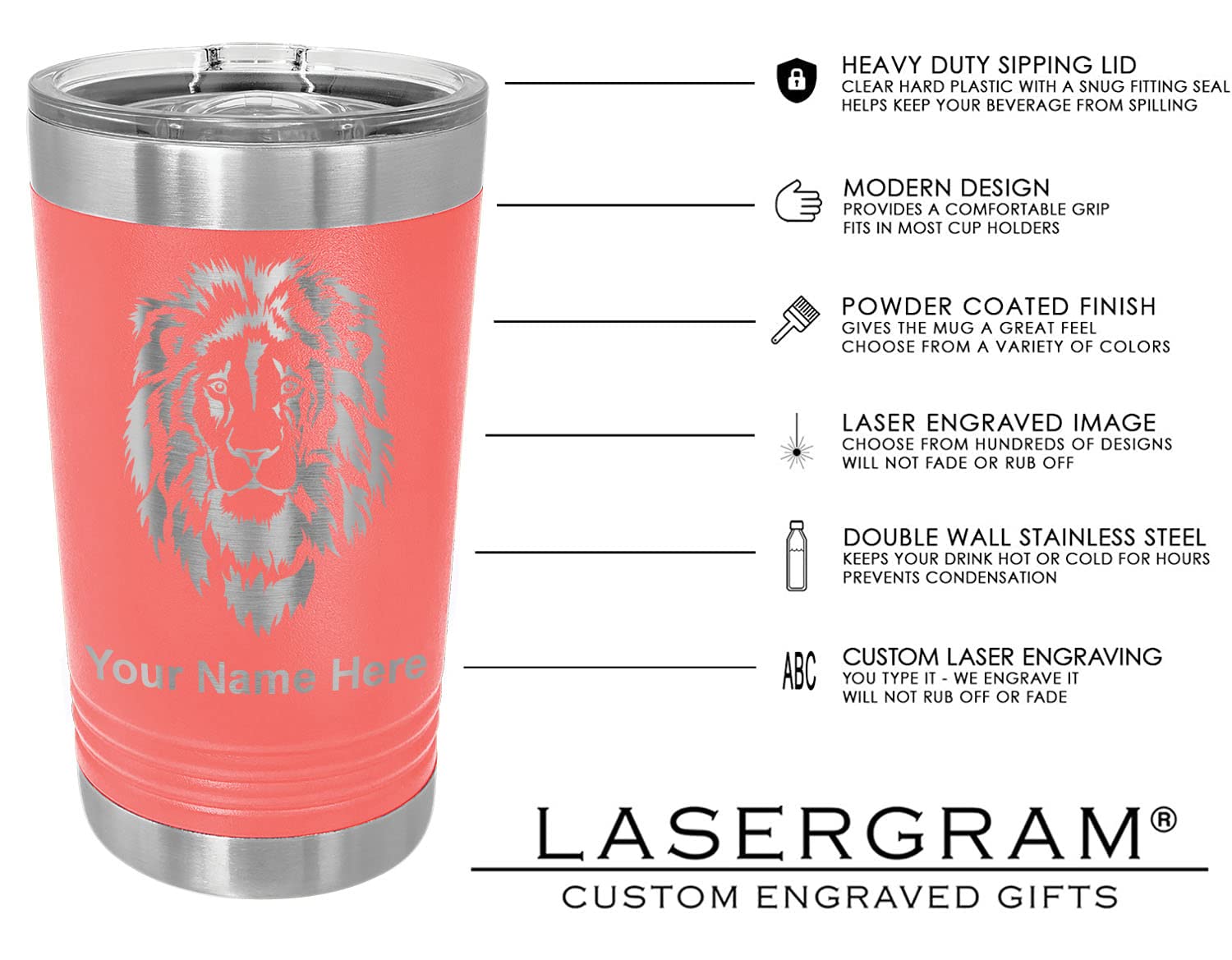 LaserGram 16oz Vacuum Insulated Pint Tumbler, Alien Head, Personalized Engraving Included (Coral)