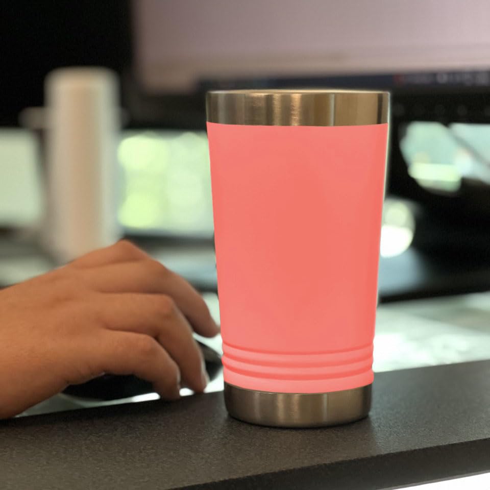 LaserGram 16oz Vacuum Insulated Pint Tumbler, Alien Head, Personalized Engraving Included (Coral)
