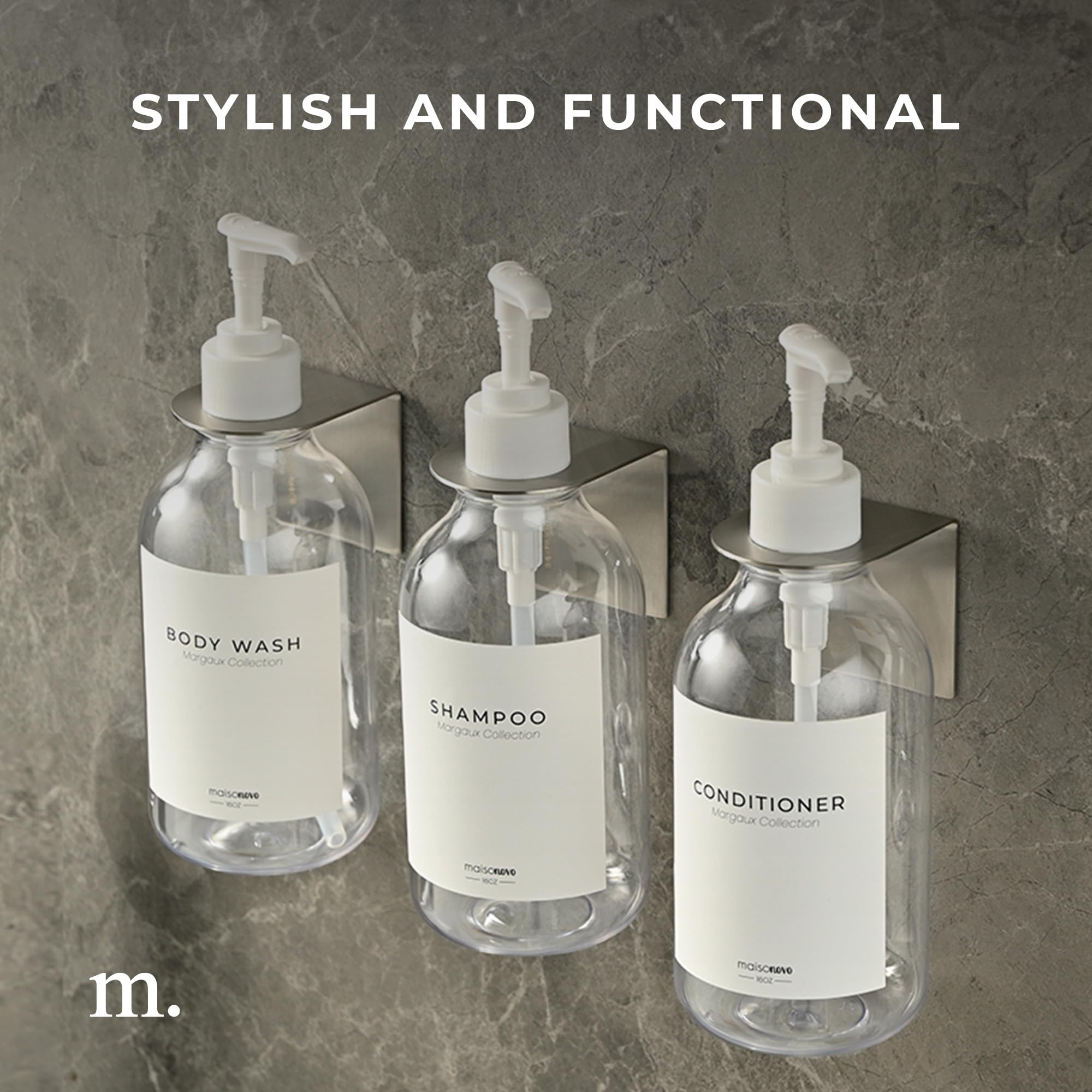 MaisoNovo Adhesive Soap & Shampoo Holder Set of 2 - Silver | Wall Mounted Dispenser Holder