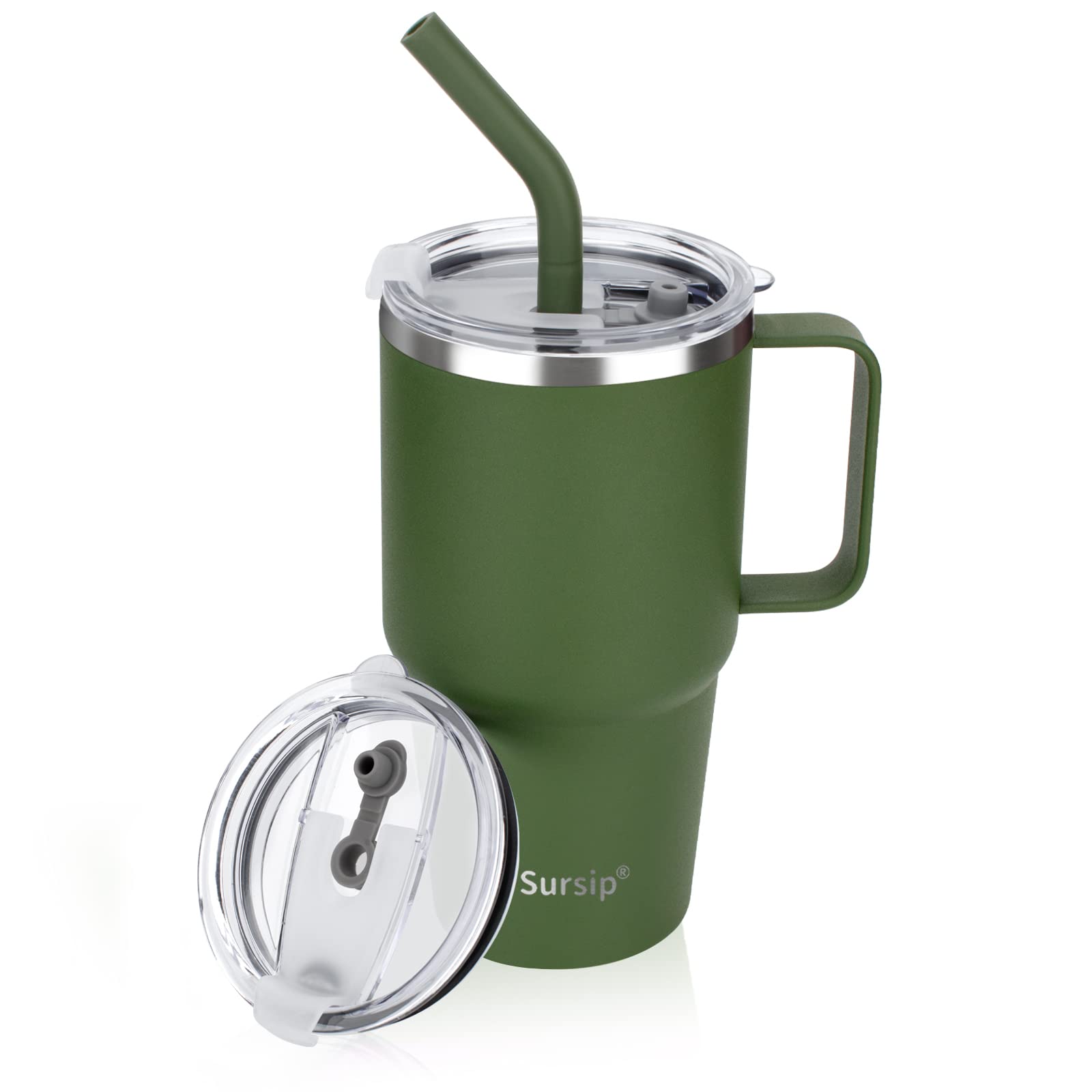 Sursip 24 oz Insulated Cup with Handle, Double Wall Vacuum Stainless Steel Tumbler with Straw and 2 Lids, For Cold/Hot Drinks, Coffee Travel Mug for Car/Home/Office/Party/Camping (Olive Green-1 Pack)
