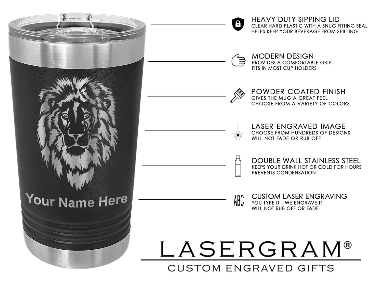 LaserGram 16oz Vacuum Insulated Pint Tumbler, Indian Elephant, Personalized Engraving Included (Black)