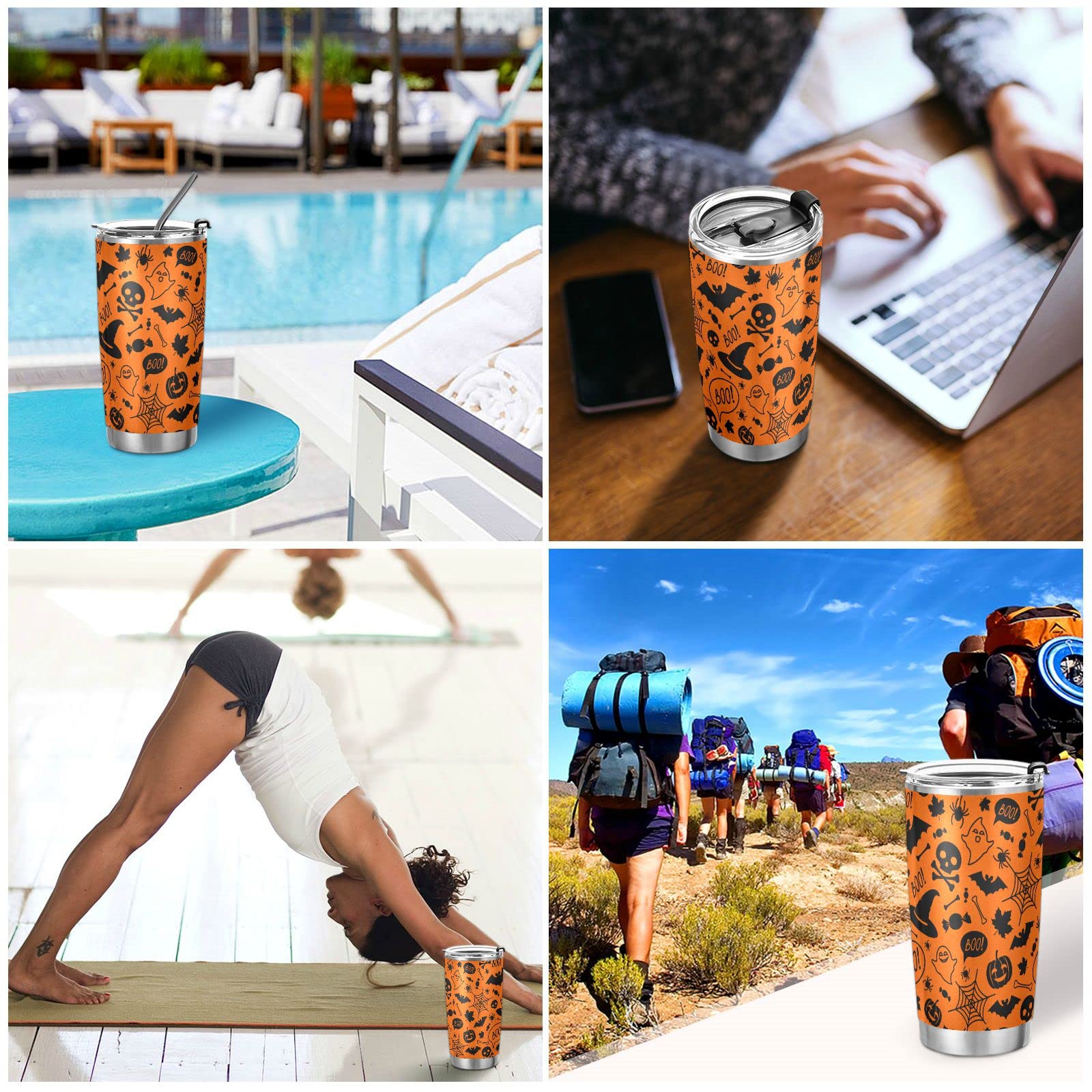 Yasala Halloween Tumbler Bat Pumpkin Ghost Spider Insulated Coffee Cup Back to School Beverage Container Office Travel Mug with Straw and Lid 20oz Holiday Gift Day of The Dead Present