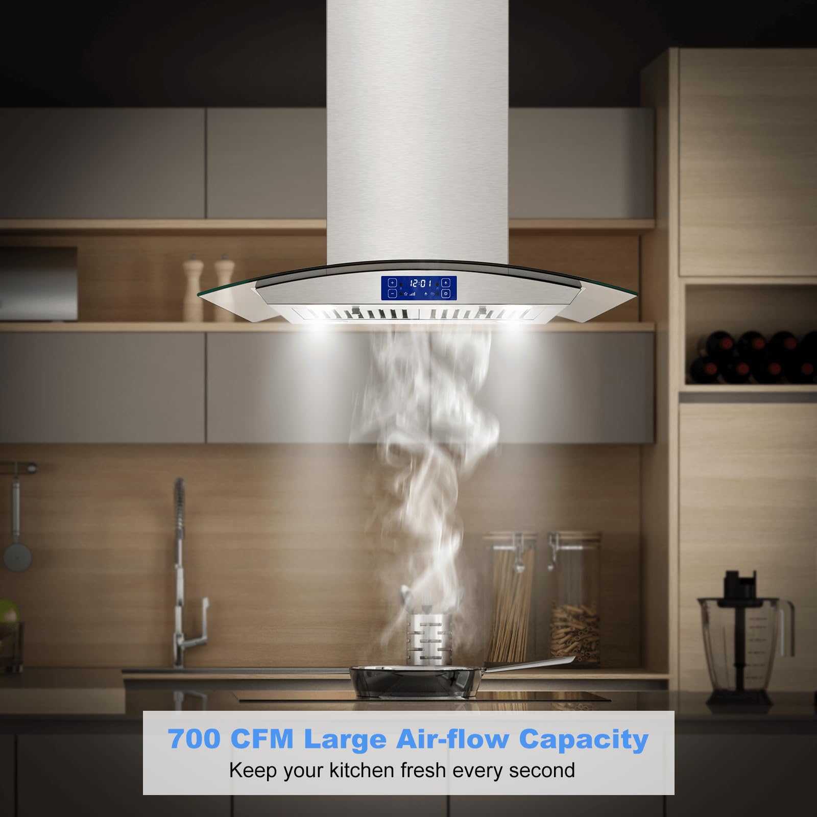 JOEAONZ Island Range Hood 30 Inch 700 CFM Gesture & Touch Control Ceiling Mount Stainless Steel Kitchen Vent Hood, Kitchen Exhaust Hood, Ducted/Ductless Convertible 3-speed Ventilation Fan Switchable
